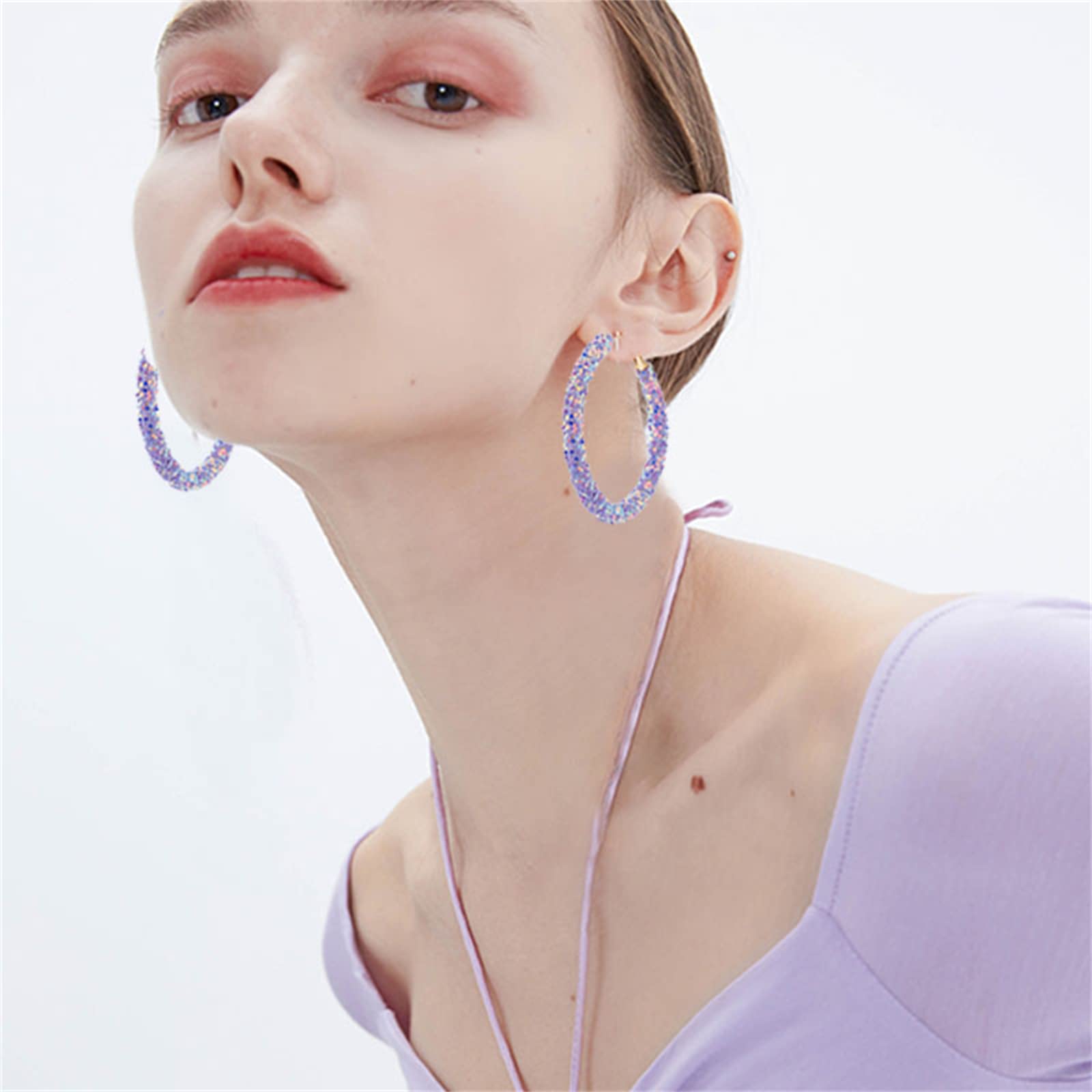 Sequins Hoop Earrings for Women Girls Handmade Bohemian Glitter Wrapped Gold Plated Dangle Drop Earring Circle Sequin Statement Earrings Boho Jewelry (Purple)