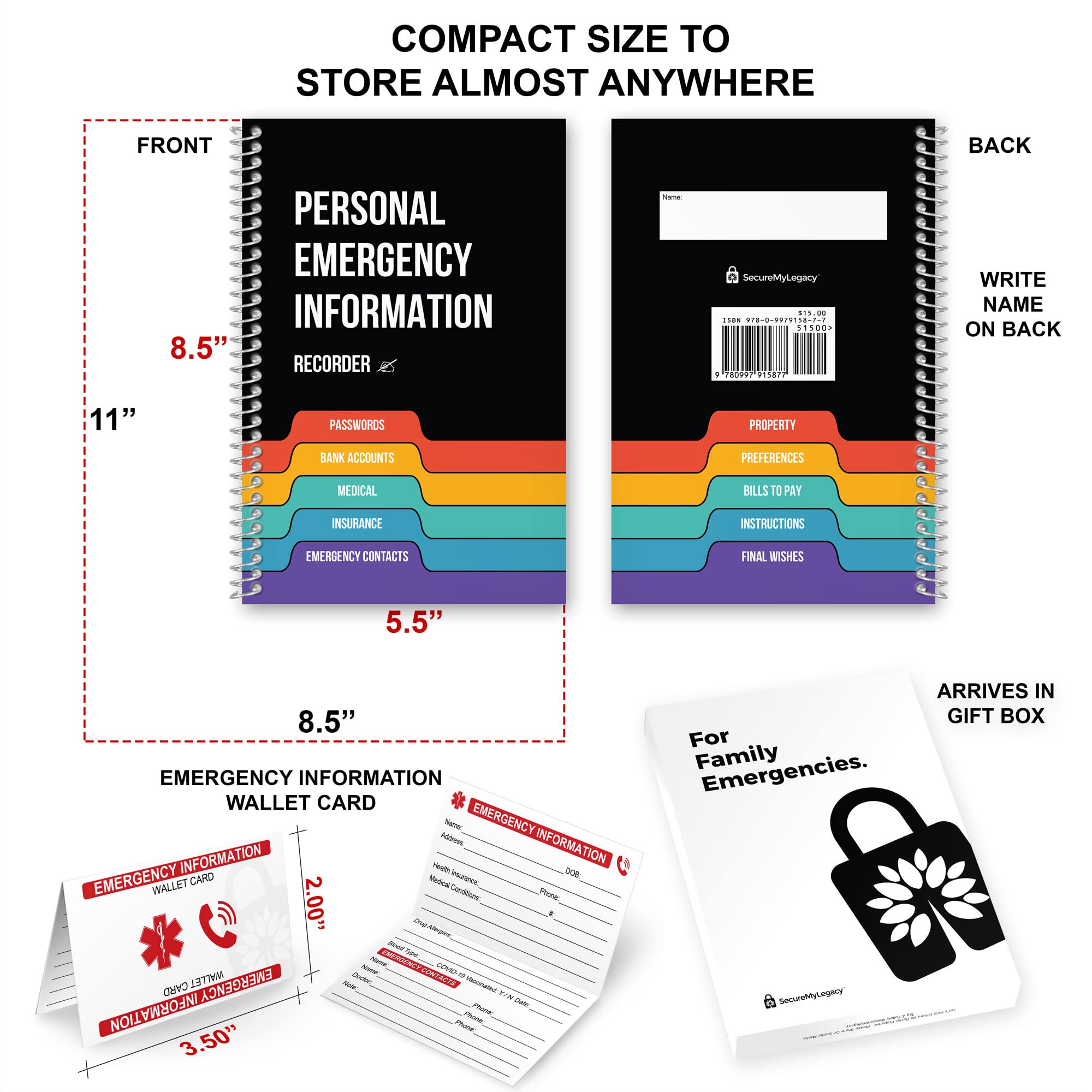 Personal Emergency Information Recorder Notebook Plus a Blank 4 GB USB Flash Drive - Record Passwords, Emergency Contacts, Medical, Financial, Insurance, End of Life Plan and Store Digital Files