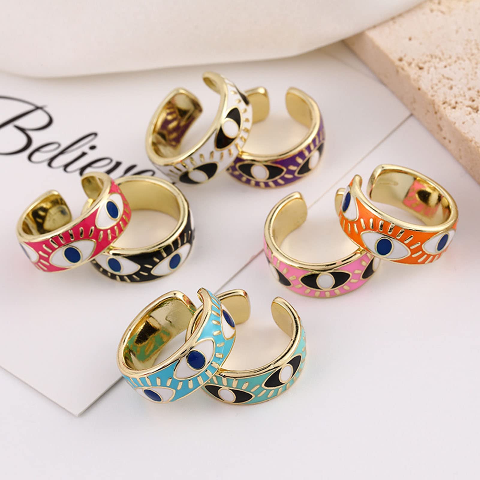 TKMIRA Evil Eye Ring for Women Gold Colorful Enamel Chunky Rings Adjustable Statement Aesthetic Rings Protection Jewelry (black)