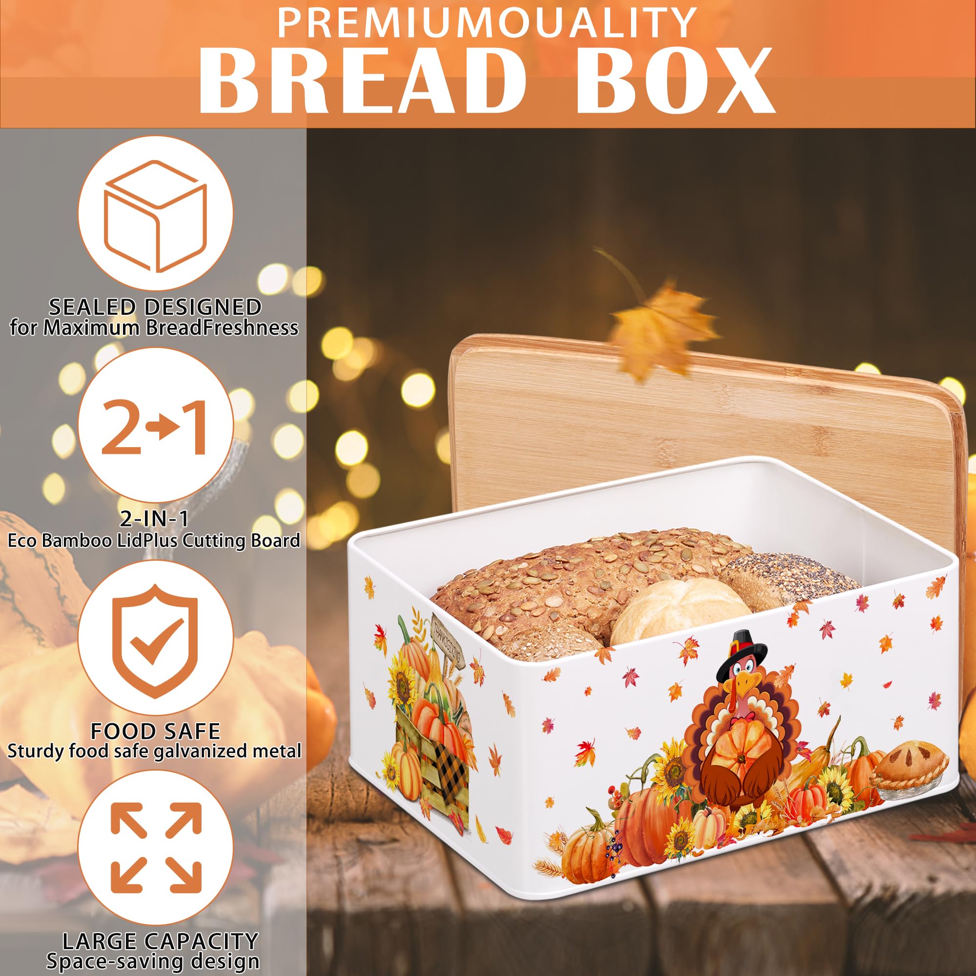 Thanksgiving Bread Box with Bamboo Cutting Board Lid, Modern Metal Bread Storage Container, Farmhouse Thanksgiving Turkey Decorations Table Decor for Dining Room, Thanksgiving Gifts for Women