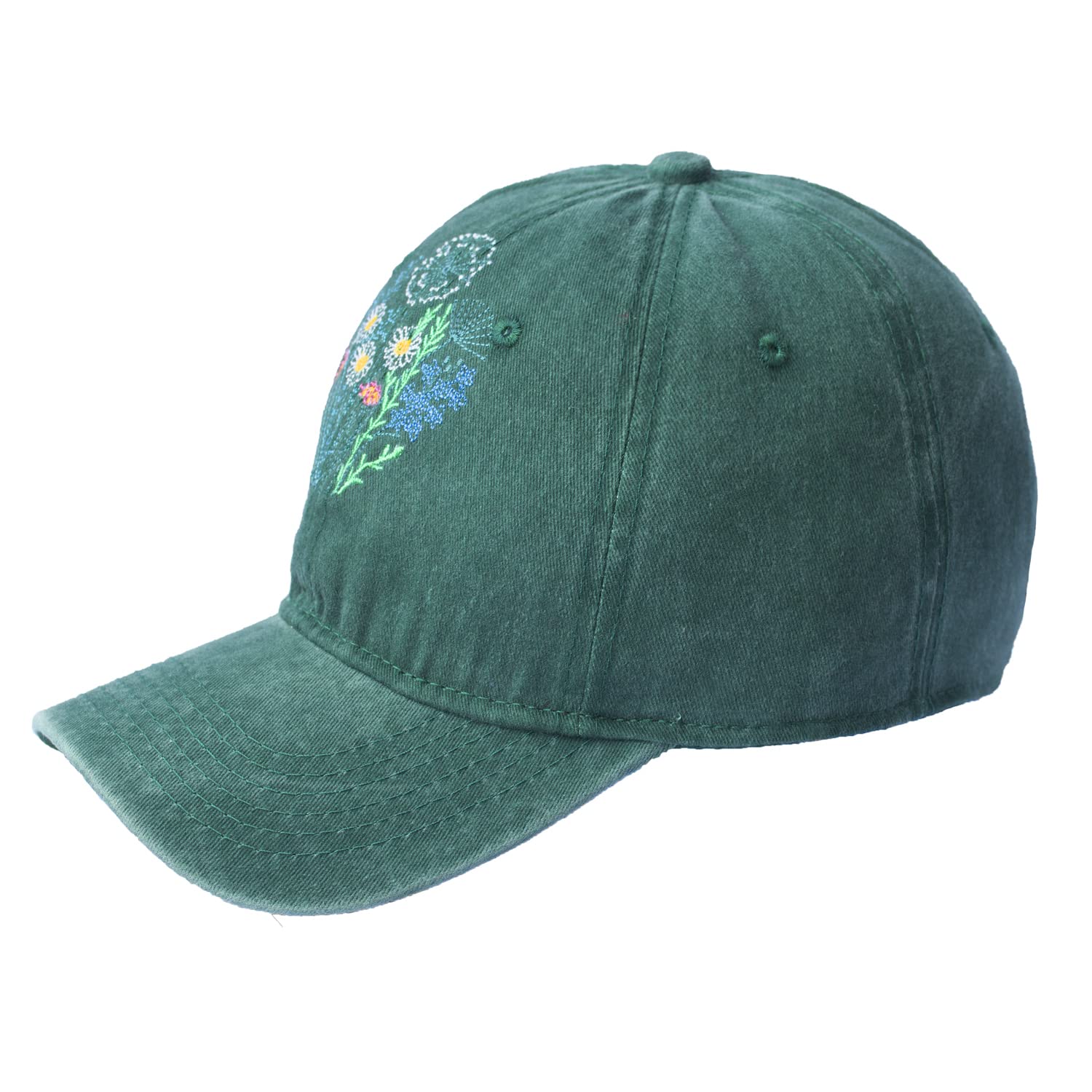 Women Wildflower Hat - Garden Baseball Hat ,Embroidered Floral Green Baseball Hat,Green