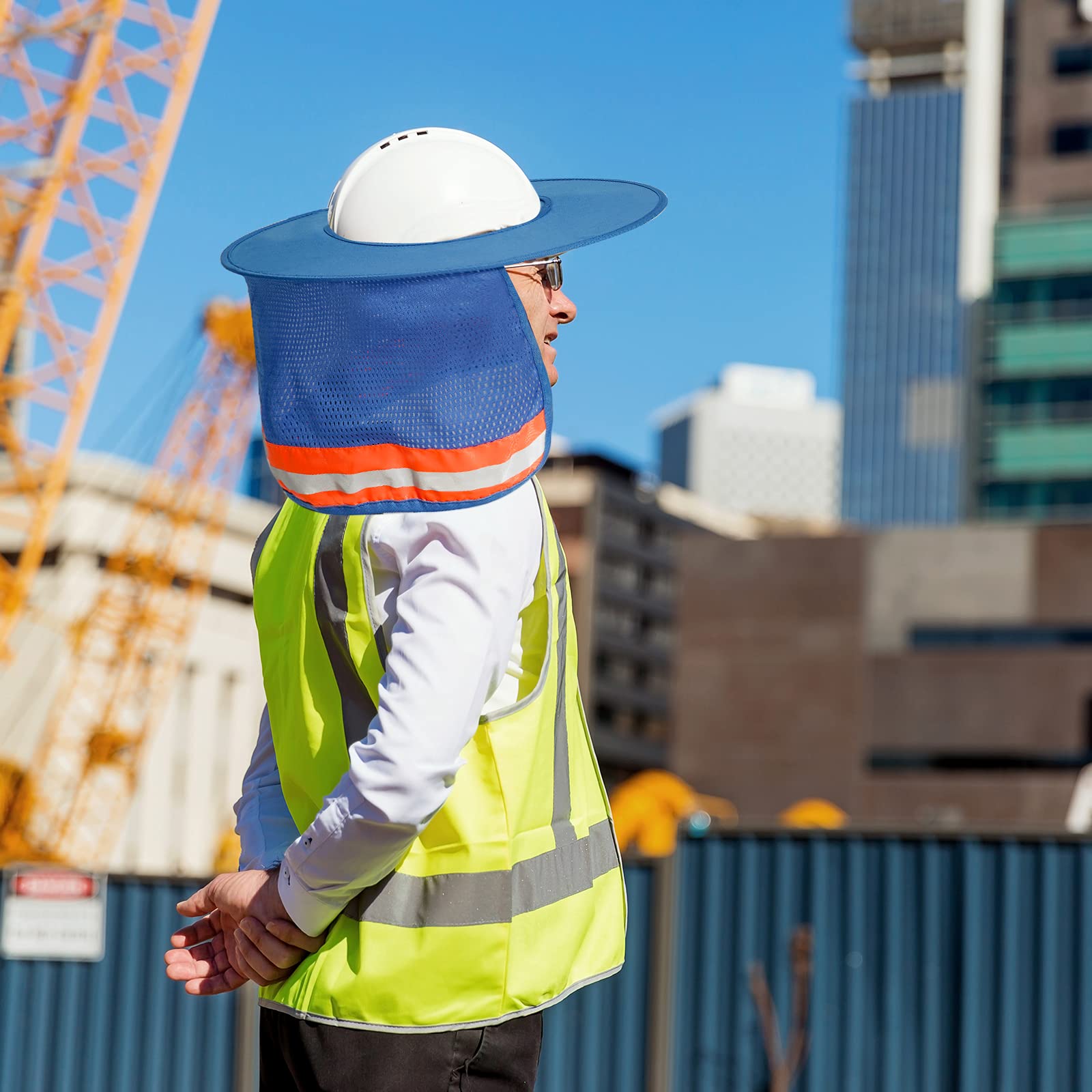 Topbuti 3 Pack Hard Hat Sun Shield Full Brim Mesh Hats Neck Sunshade, High Visibility Neck Sunshield w/Reflective Stripe for Hardhats (Blue)
