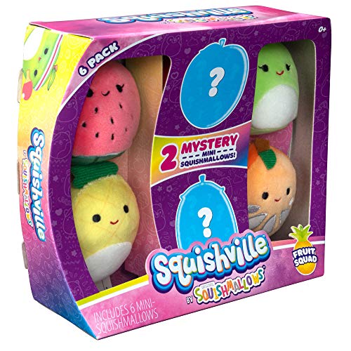 Squishville by Squishmallows Mini Plush Fruit Squad, Six 2" Soft Minimallow Plush, Irresistibly Colorful Fruits, Mini Peach, Pineapple, and Watermelon