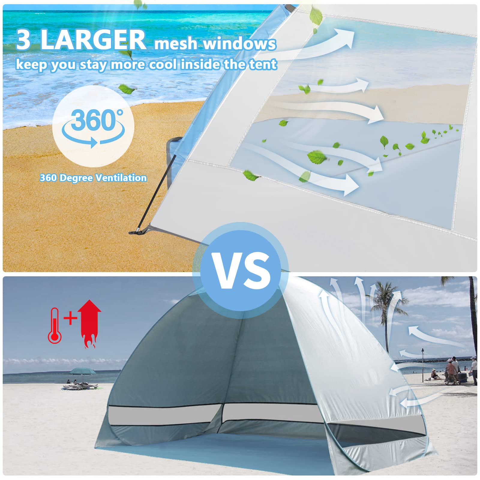 Weanas Beach Tent Sun Shelter, 3-4 Person Portable Sun Shade Shelter UV Protection Easy Setup Lightweight Beach Shelter Tent with Extended Floor & 3 Ventilating Roll Up Windows