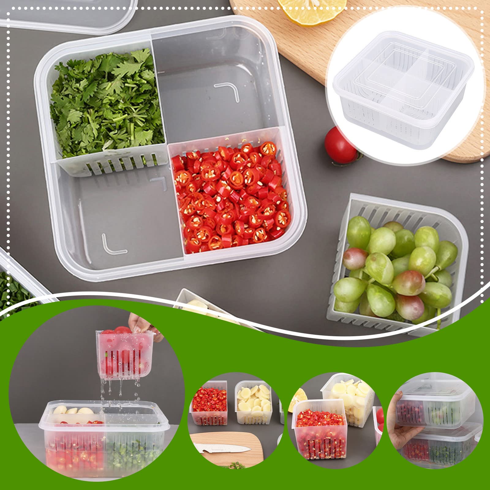 WOHSAO Storage Containers Square Handle Food Storage Organizer Boxes with Lids for Refrigerator, Food Storage Box, Food Storage Containers with Lids, Four-Grid Containers for Ginger Slice