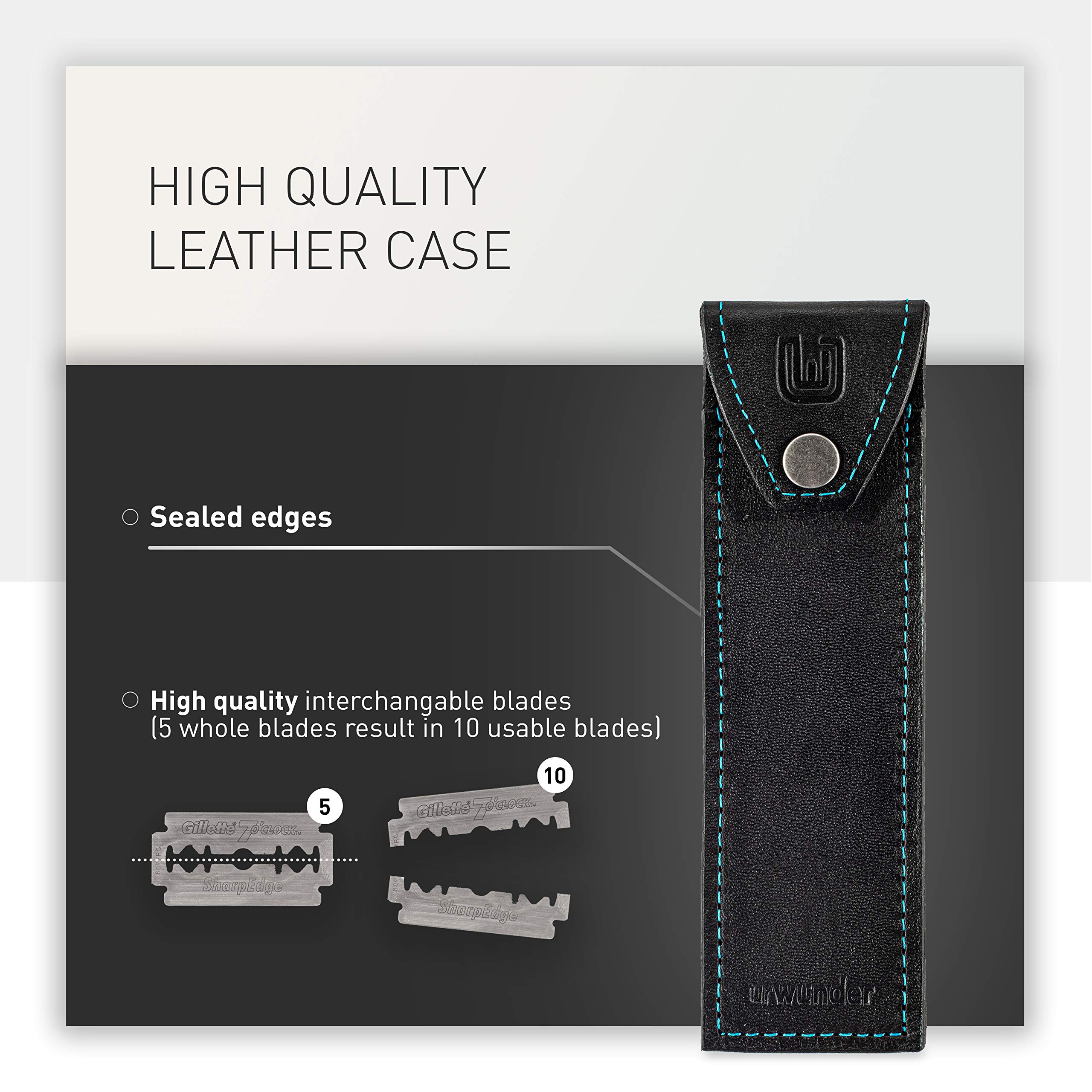 Precise German Straight Razor - urwunder - Beardo - Genuine Leather Case - Simple Manuals - 4-Pin Blade Holder [Black Arm/Black Wood]