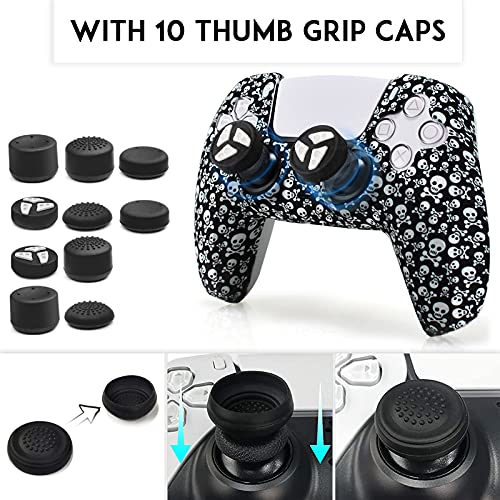 SIKEMAY PS5 Controller Cover Skin Case, Anti-Slip Thicken Silicone Protective, Perfectly Compatible with Playstation 5 Controller Grip with 10 x Thumb Grip Caps (Black Skull)