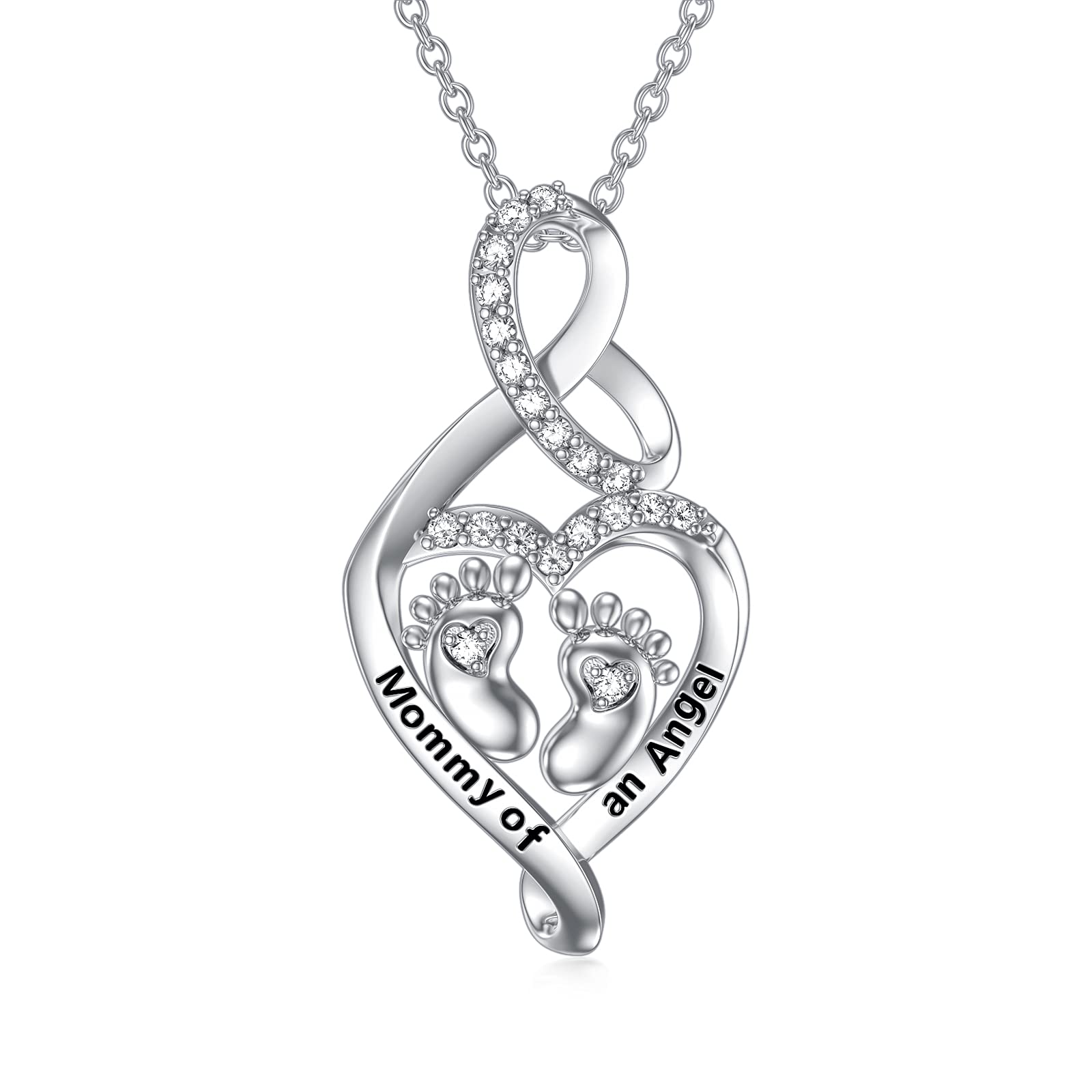 PELOVNY Mommy of an Angel Necklace Sterling Silver Foot Print Necklace Memorial Jewelry Sympathy Gift for Women Mother Mom