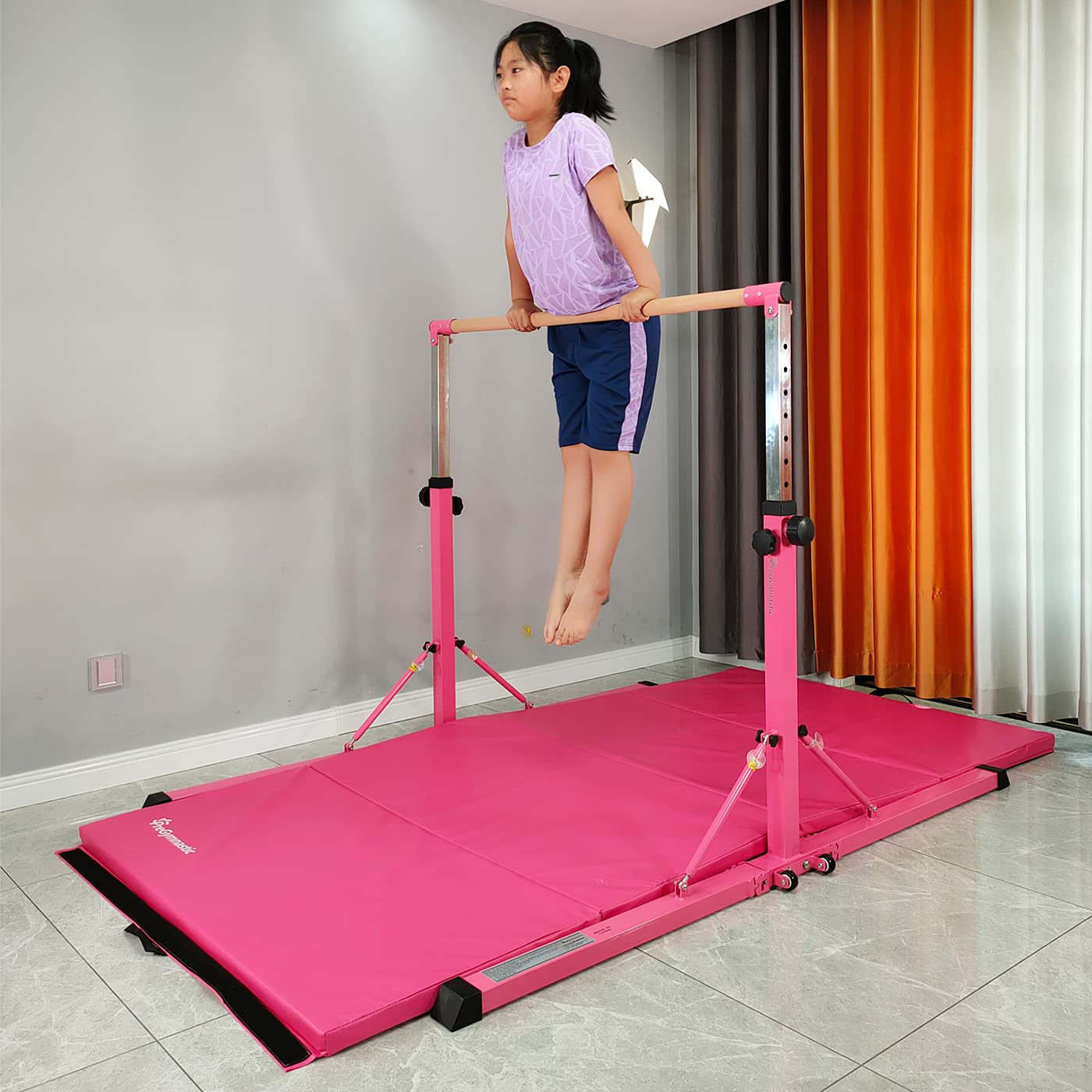 PreGymnastic Folding Junior Training Bar/Horizontal Training Bar Kip Bar Stainless Steel Regulating Arm & Strong Fiberglass Rail (Hot Pink)