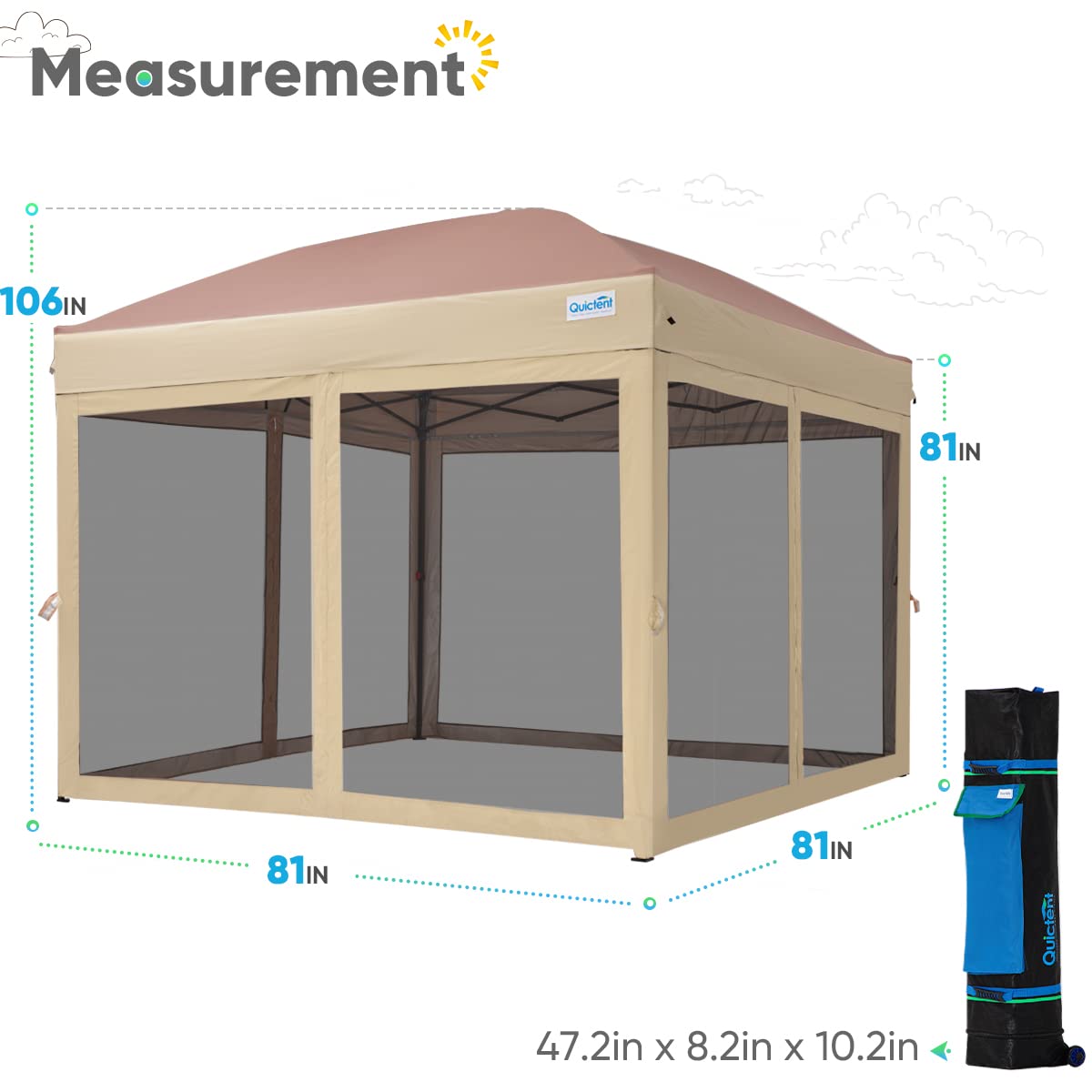 Quictent 6.6’x6.6’ Pop up Canopy Tent with Netting, Instant Setup Screen House Room Tent Screened- 4 Magnetic Doors, Waterproof (Khaki)