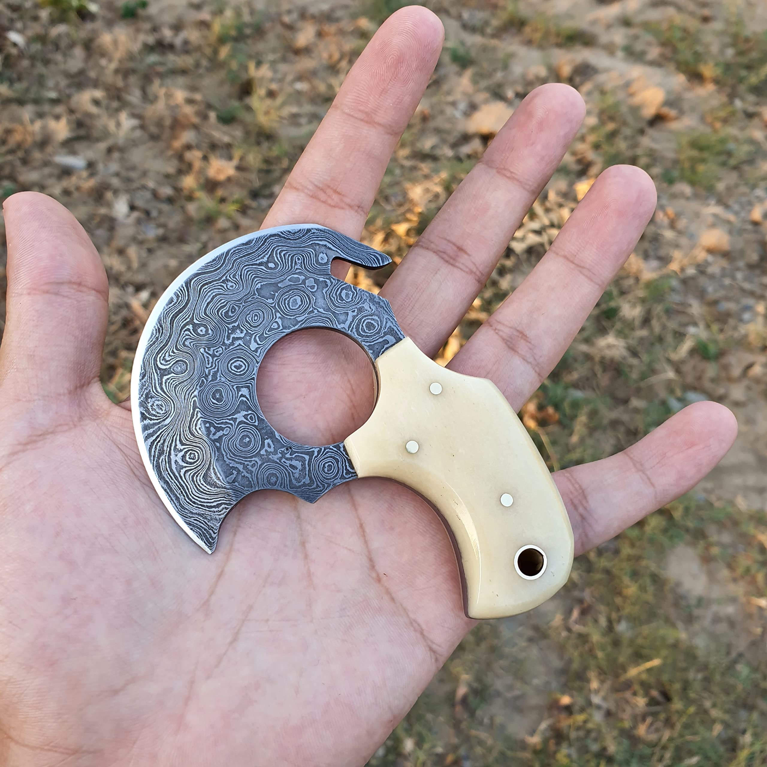SS-1 Knife4U Damascus Steel EDC Knife 4" Fixed Blade Mini Knife for Skinning,Survival,Camping and Outdoor Enthusiasts with Natural Handle and Leather Sheath (Camel Bone)