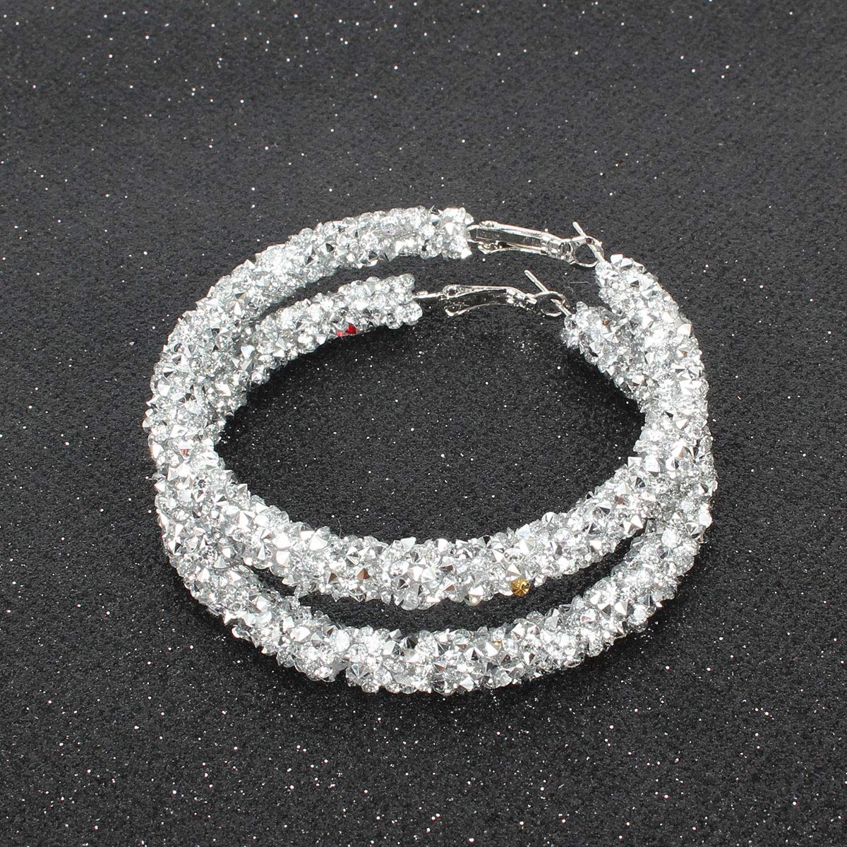 Silver Glitter Hoop Earrings for Women Bohemian Sparkle Resin Rhinestone Wrapped Big Hoop Dangle Earrings Jewelry