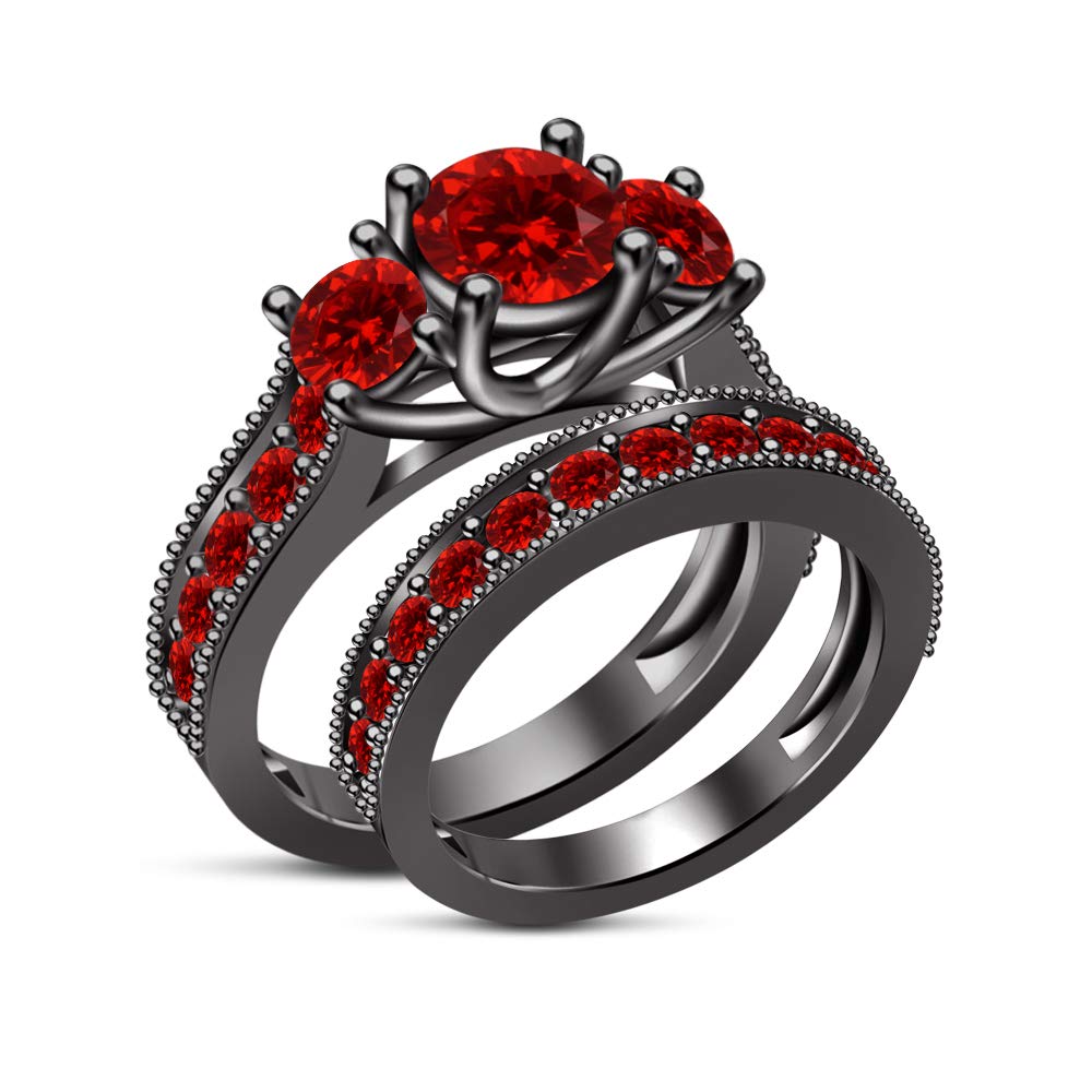 SILVER SEA EMPIRE Classic 3 Stone Created Red Garnet Round Cut Engagement Wedding Bridal Ring Set 14K Black Gold Plated 925 Sterling Sliver