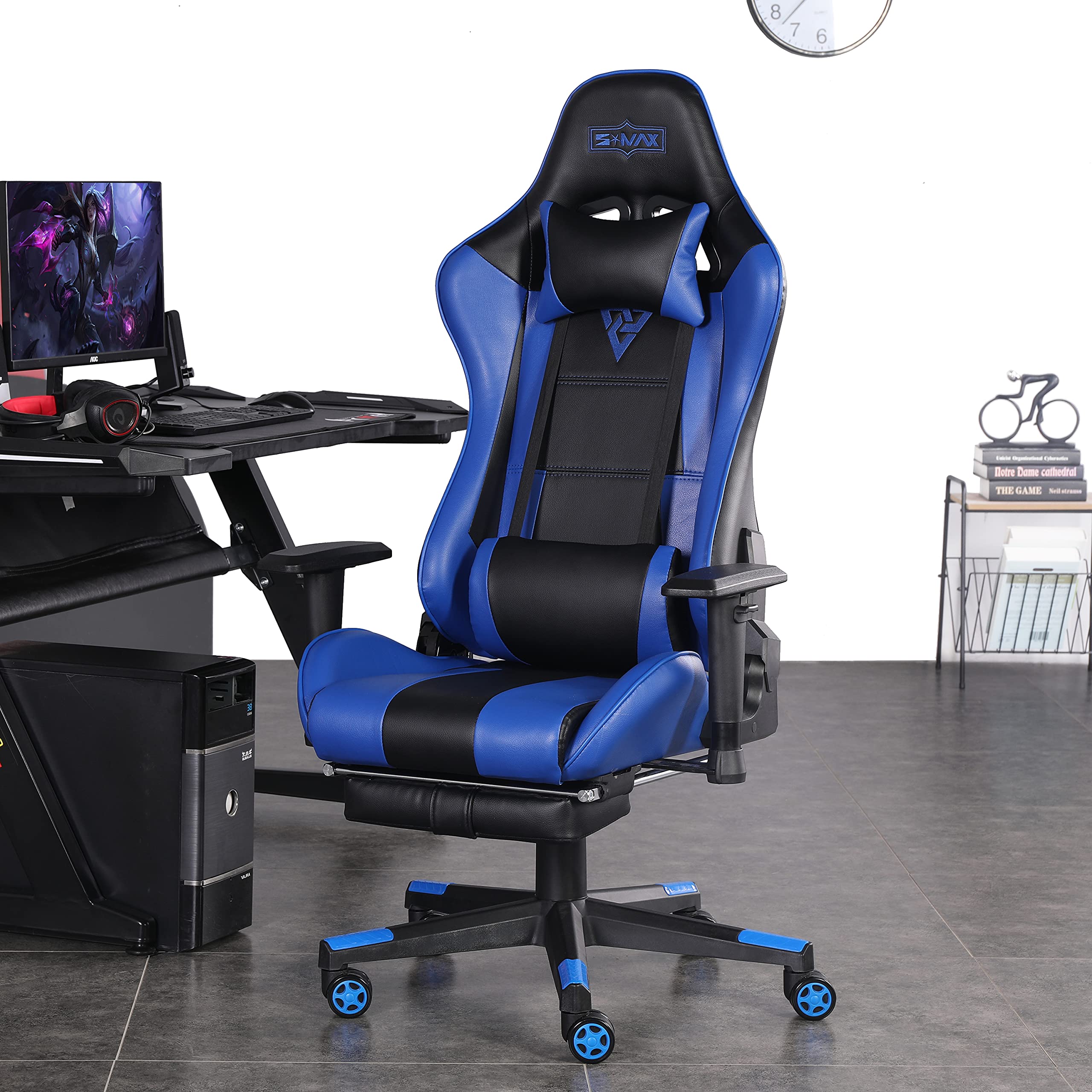 SMAX Gaming Chair with Footrest Racing Office Computer Ergonomic Video Game Chairs PU Leather Headrest and Massager Lumbar Support Adjustable Rolling Swivel Gamer Chair Black and Blue