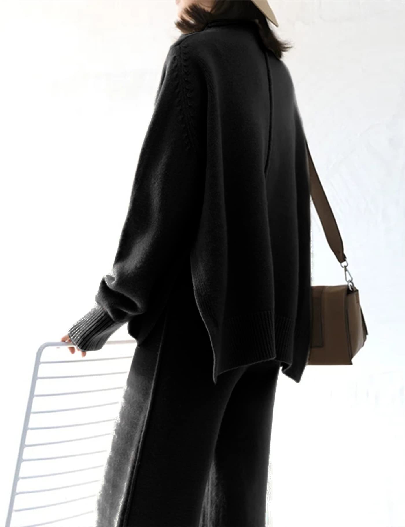Women's 2 Piece Set Long Sleeve Knit High Neck Pullover Sweater Top and Wide Leg Pants Sweatsuit(Black-M)