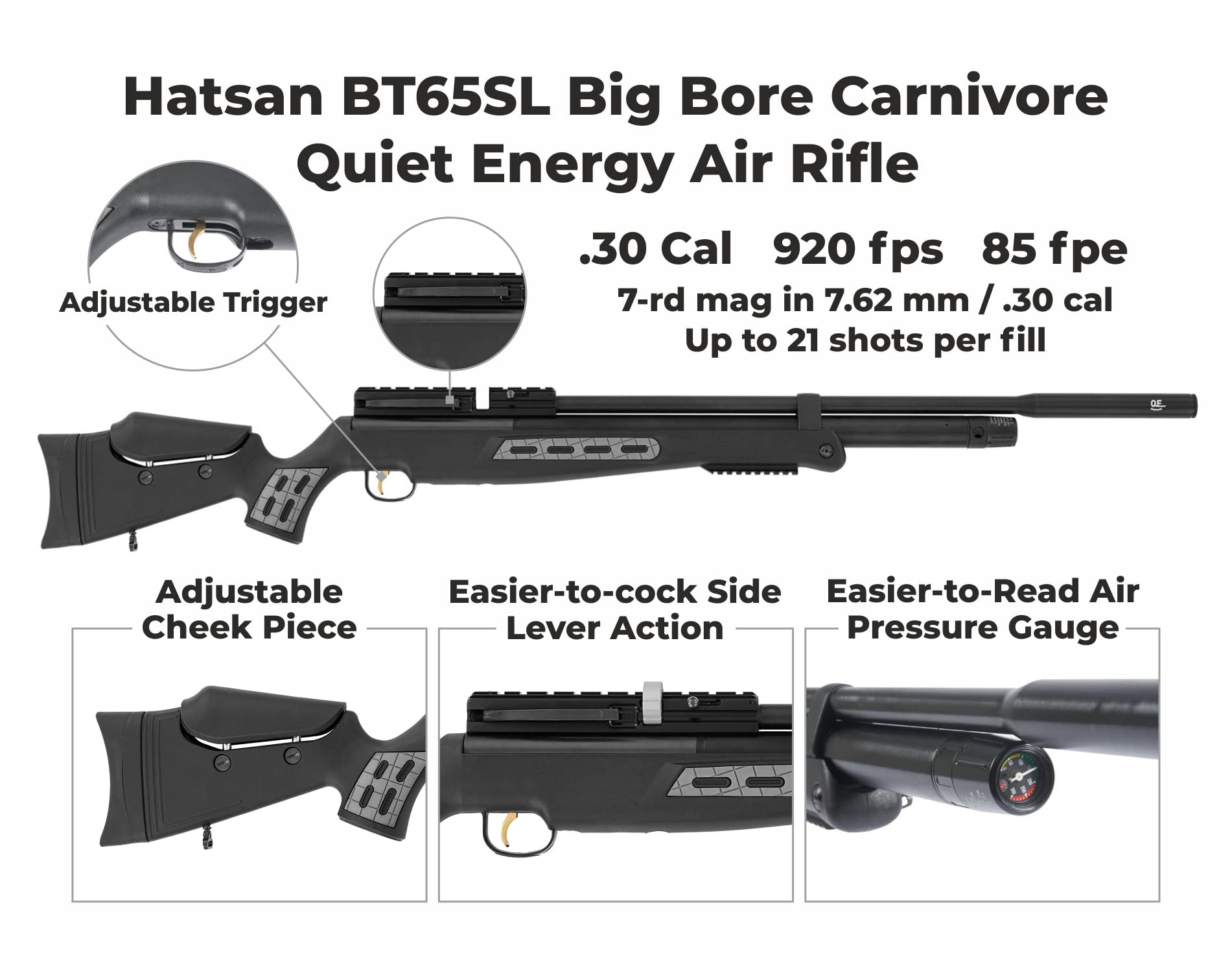 Wearable4U - Hatsan BT 65 SL QE Big Bore Carnivore .30 Cal PCP Air Rifle w/Scope and 100 Paper Targets and 100x .30 Cal Pellets Bundle