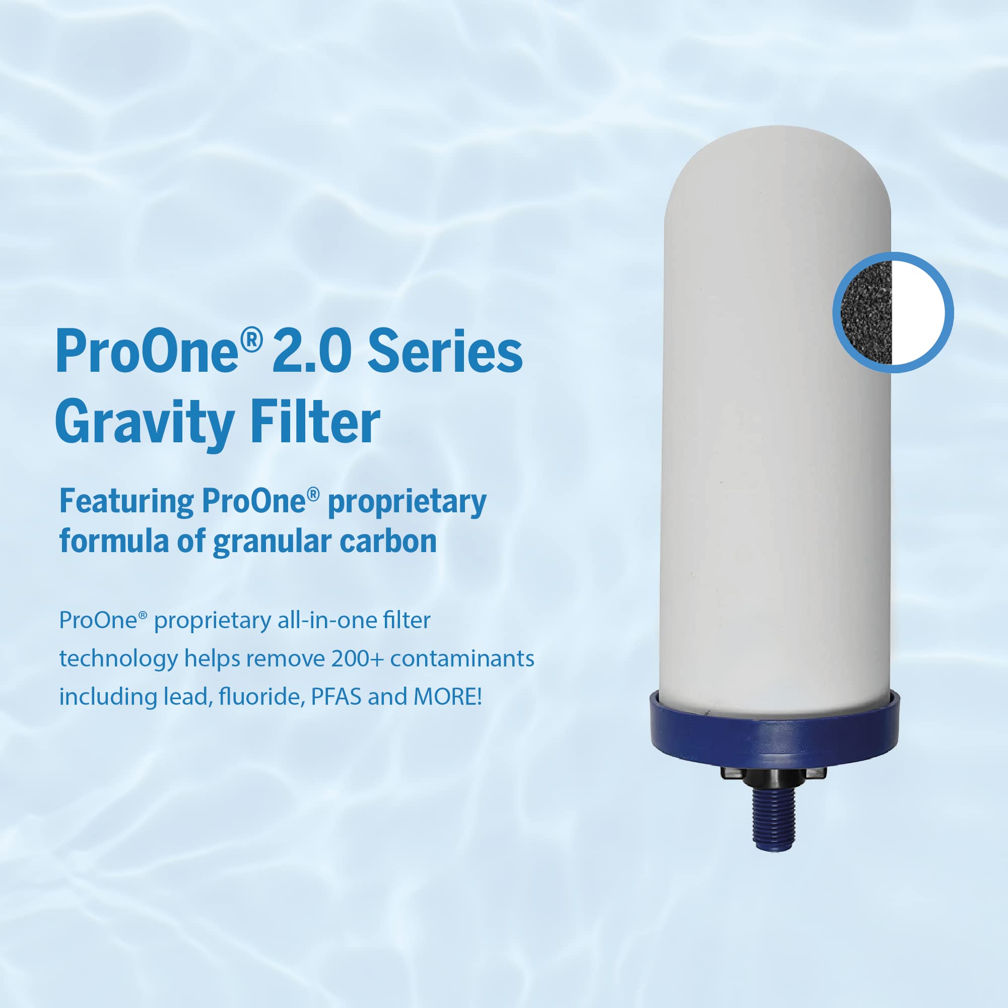ProOne Traveler+ Stainless-Steel Gravity Water-Filter System, 2.25-Gallon Water Capacity, Countertop Water Dispenser for Home and Travel with Two 7-Inch Filter and Wire Stand