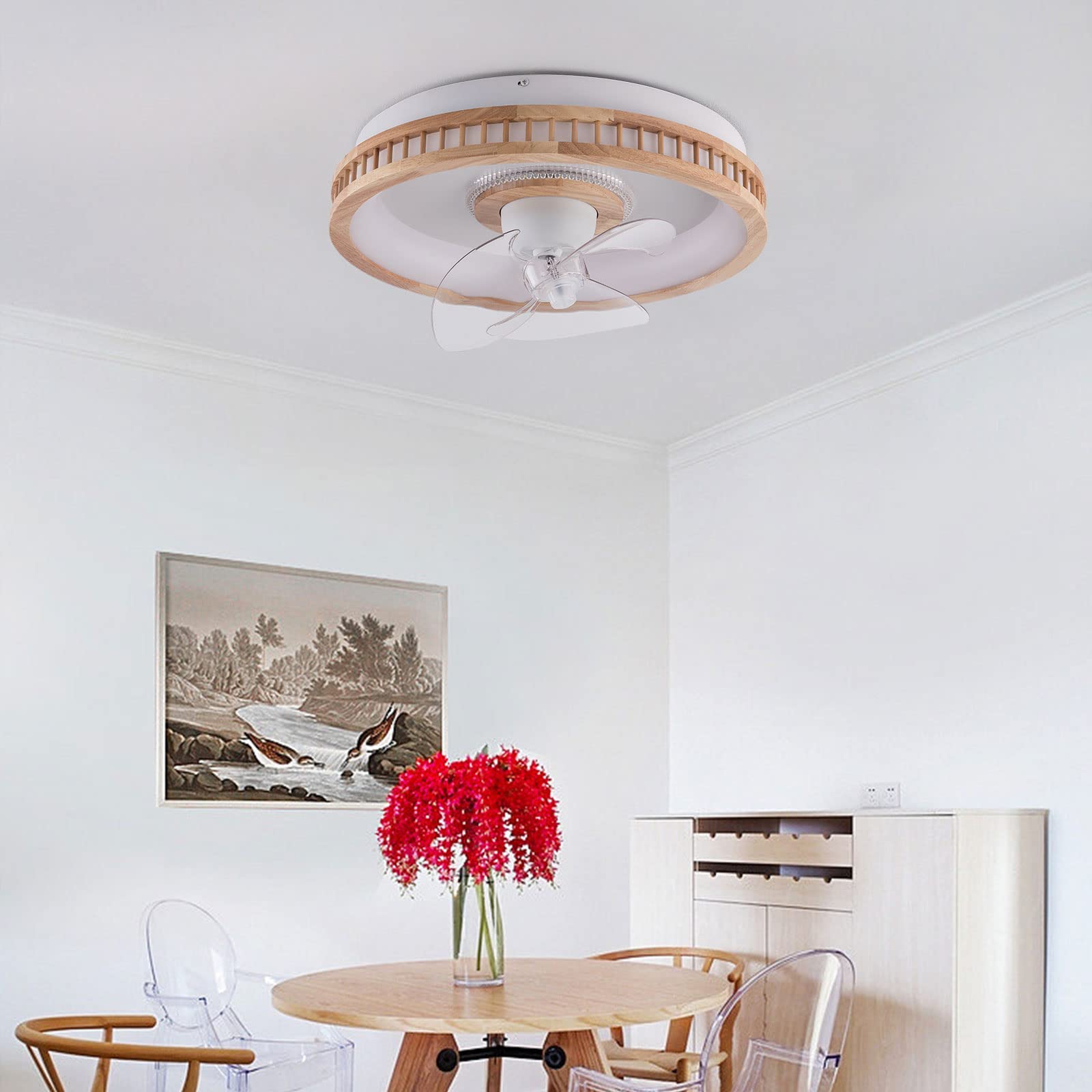 ONEPOINTPOINT Ceiling Fan with Lights 20 Inch Low Profile Flush Mount Round Wood Ceiling Light with Fan 3 Invisible Blades Remote 3 Color Dimming 6 Wind speeds for Bedroom Living Room Log Color