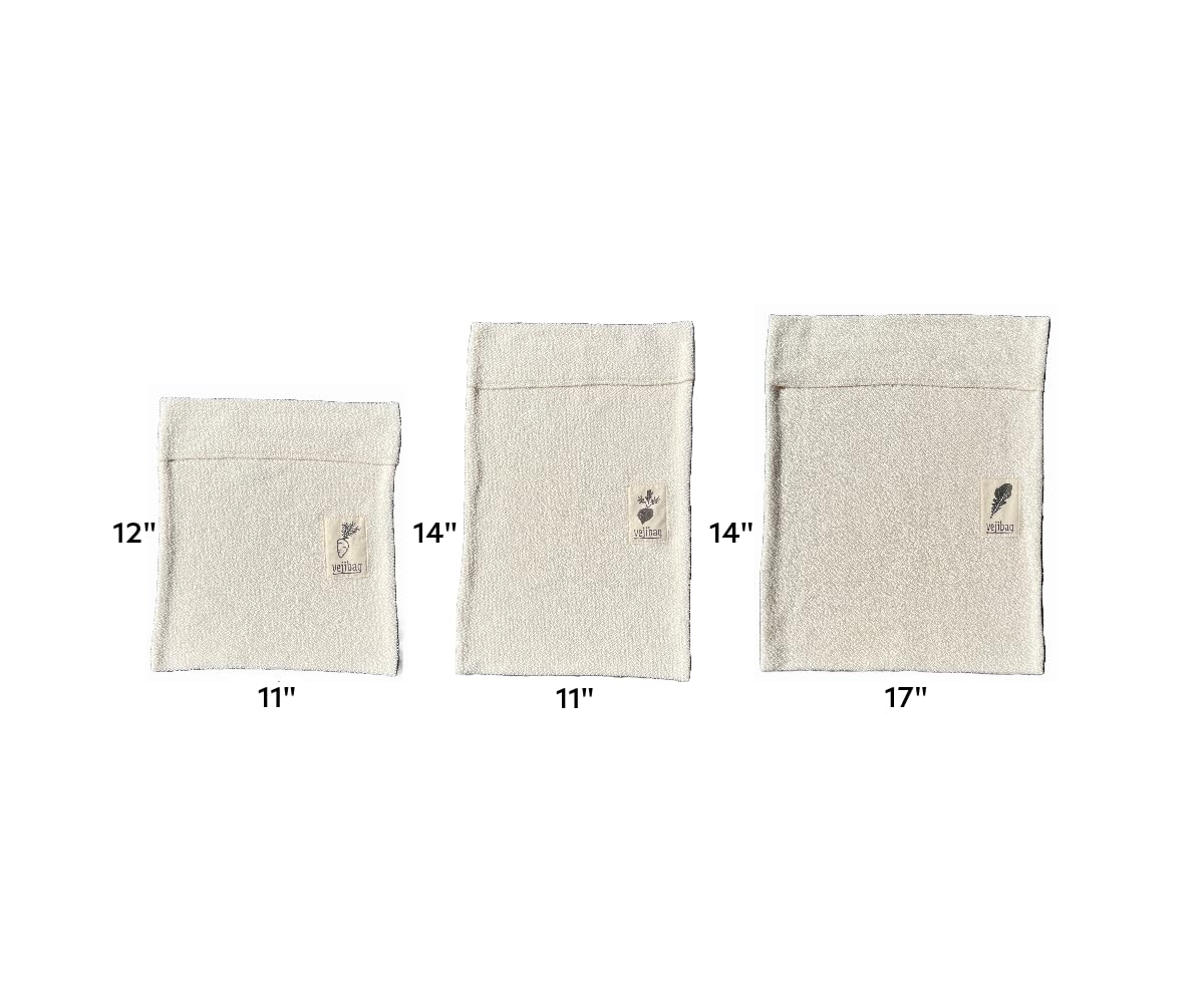 VEJIBAG Variety Pack | Certified Organic Cotton Vegetable Crisper Bags | Made in USA | 3 Bags-Standard, Large,Extra Large | Plastic Free