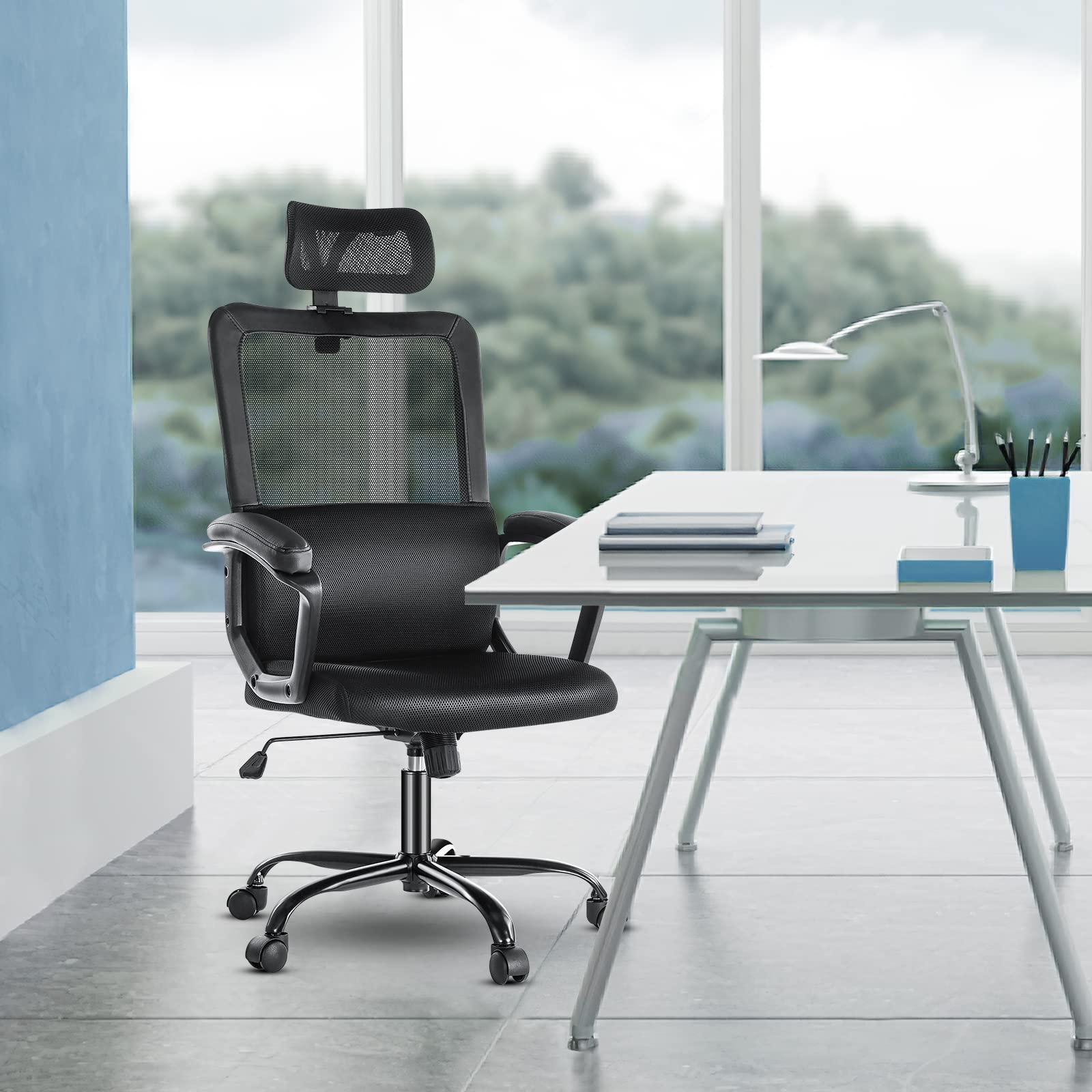 Office Chair - High Back Ergonomic Desk Chair with Adjustable Headrest and Lumbar Support Swivel Rolling Chair Adjustable Height Mesh Chair Study Task Chair for Home Office Room (Black)