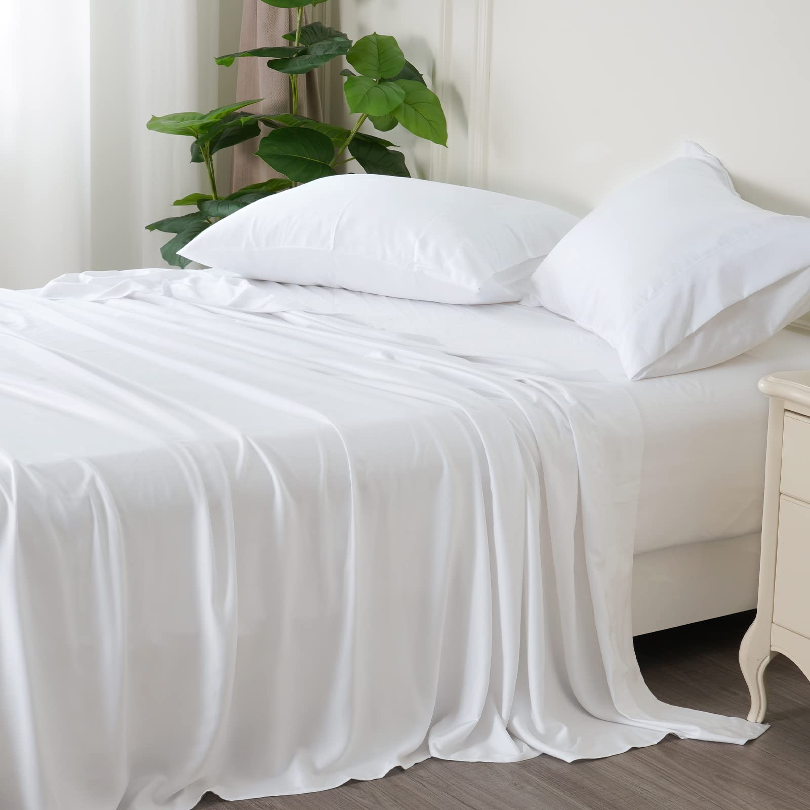 PHF Cooling Bamboo Viscose Sheets Set King Size, 4 Piece Silky Soft Viscose from Bamboo_Bed Sheets Set, 1800 Thread Count 16 Inch Deep Pockets, Ultra Soft Smooth Breathable Bedding Sheets, White