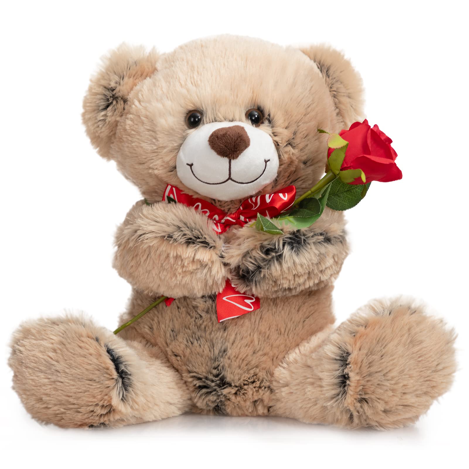 WENMOTDY Teddy Bear Stuffed Animals Plush Bear with Love Pattern Red Bow Soft Plush Toy Valentine's Day Gift 21 Inch Tan