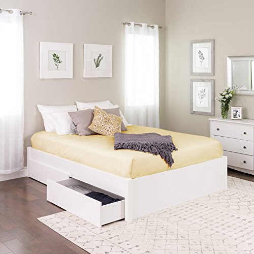 Prepac Select Queen 4-Post Raised Platform 4-Drawer Storage Bed, Modern Queen Storage Bed with Drawers 83" D x 63" W x 16" H, White, WBSQ-1302-4K