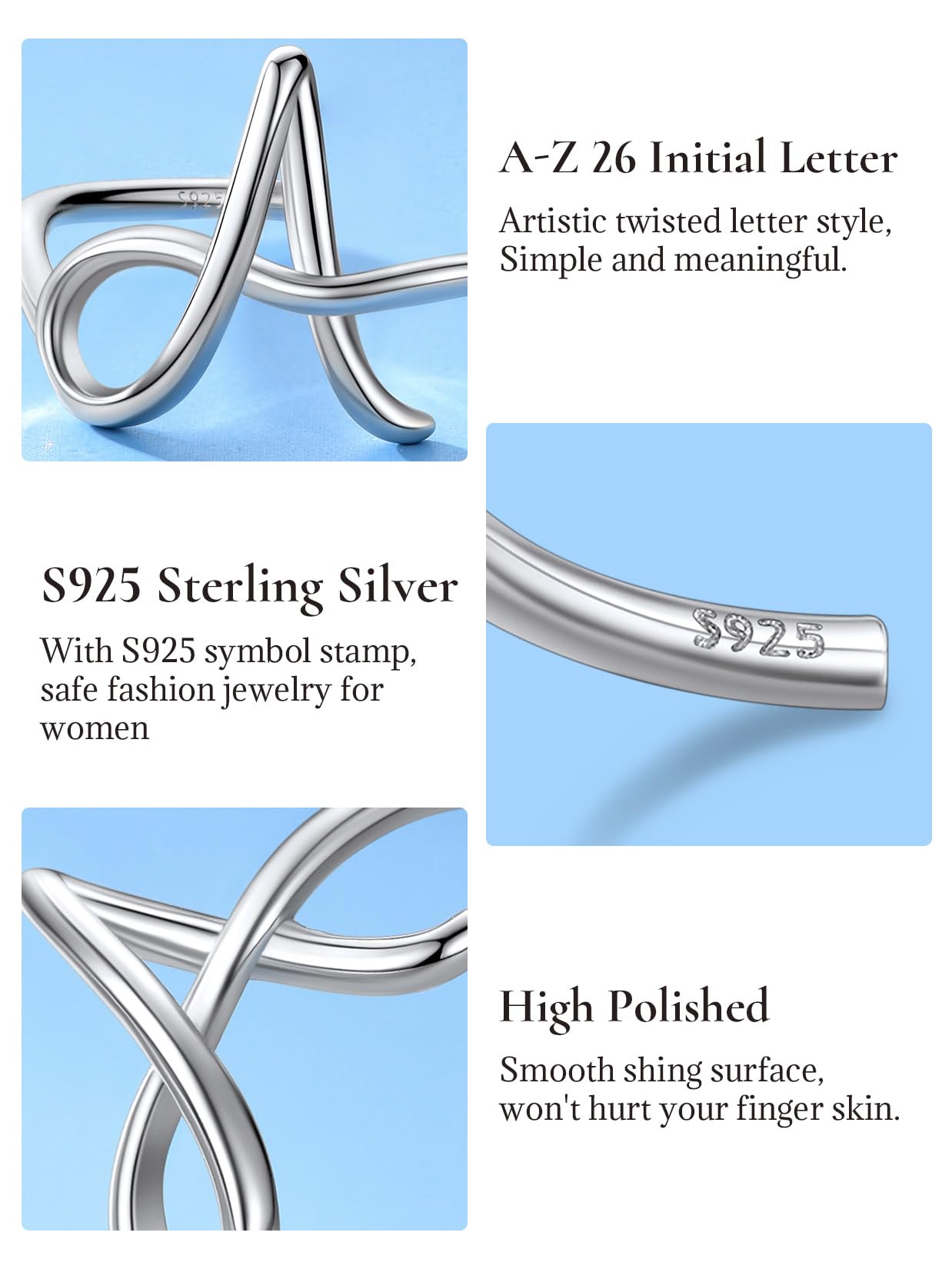 SILVERCUTE Cute Silver Initial Ring Open Adjustable Women Stackable Rings|925 Sterling Silver A-Z 26 Letters Initial Name Rings for Women(Alpahbet A)