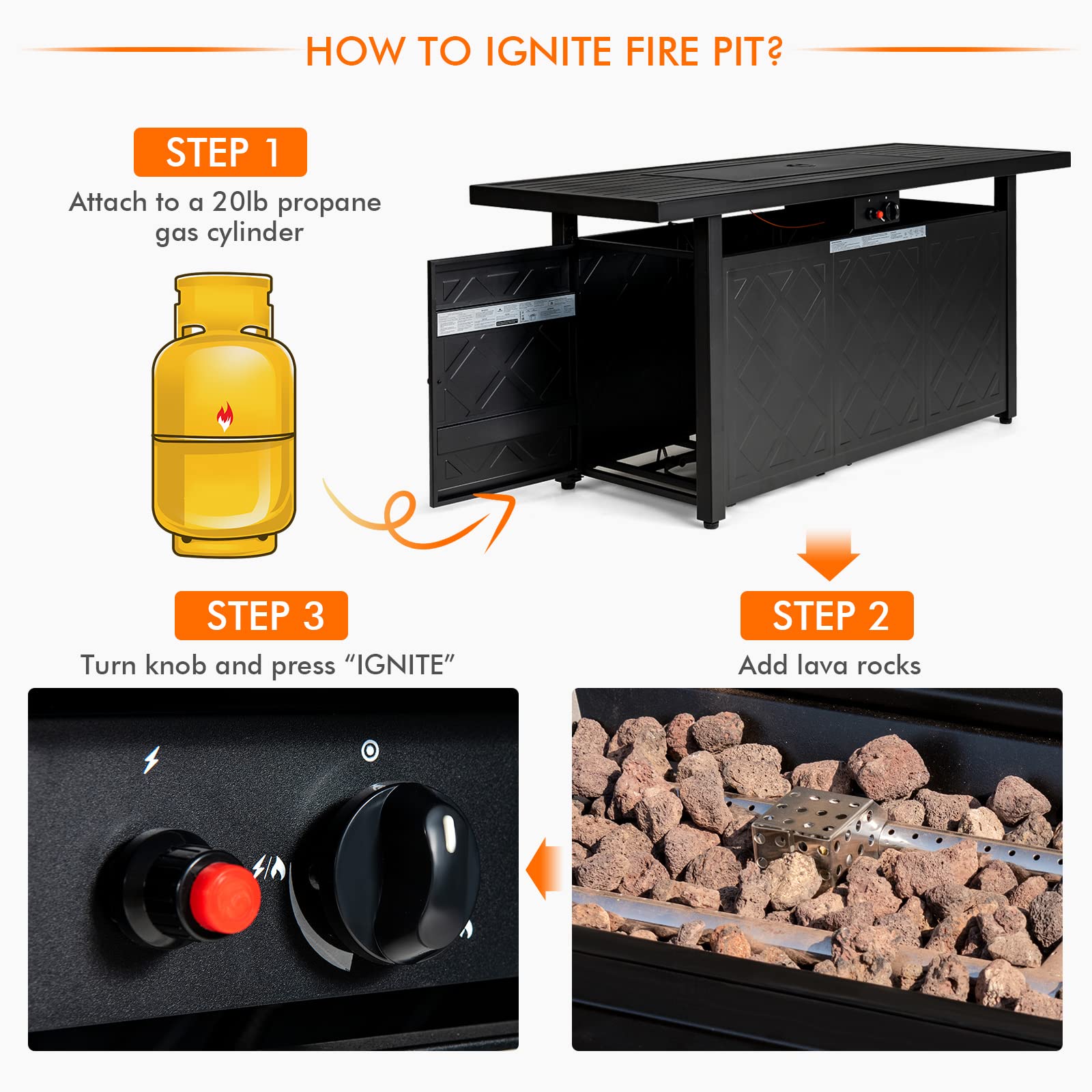 ORALNER Propane Fire Pit Table, 57” Rectangular Outdoor Fire Table 50,000 BTU Fire Pit w/Lid & Lava Rocks Auto Ignition Metal Patio Fireplace, Gas Firepit Table for Outside Yard Balcony Deck, Black
