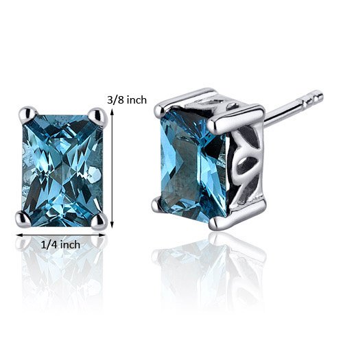 Peora London Blue Topaz Sterling Silver Stud Earrings for Women, Scroll Design, 2 Carats total Radiant Cut 7x5mm