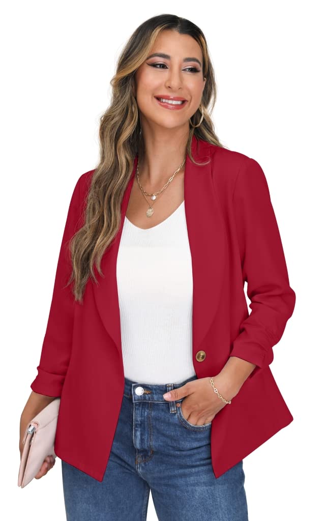 ONLYSTORY Womens Blazer Jackets for Women 3/4 Ruched Sleeve Work Casual Lightweight Blazer with Pockets Red-16