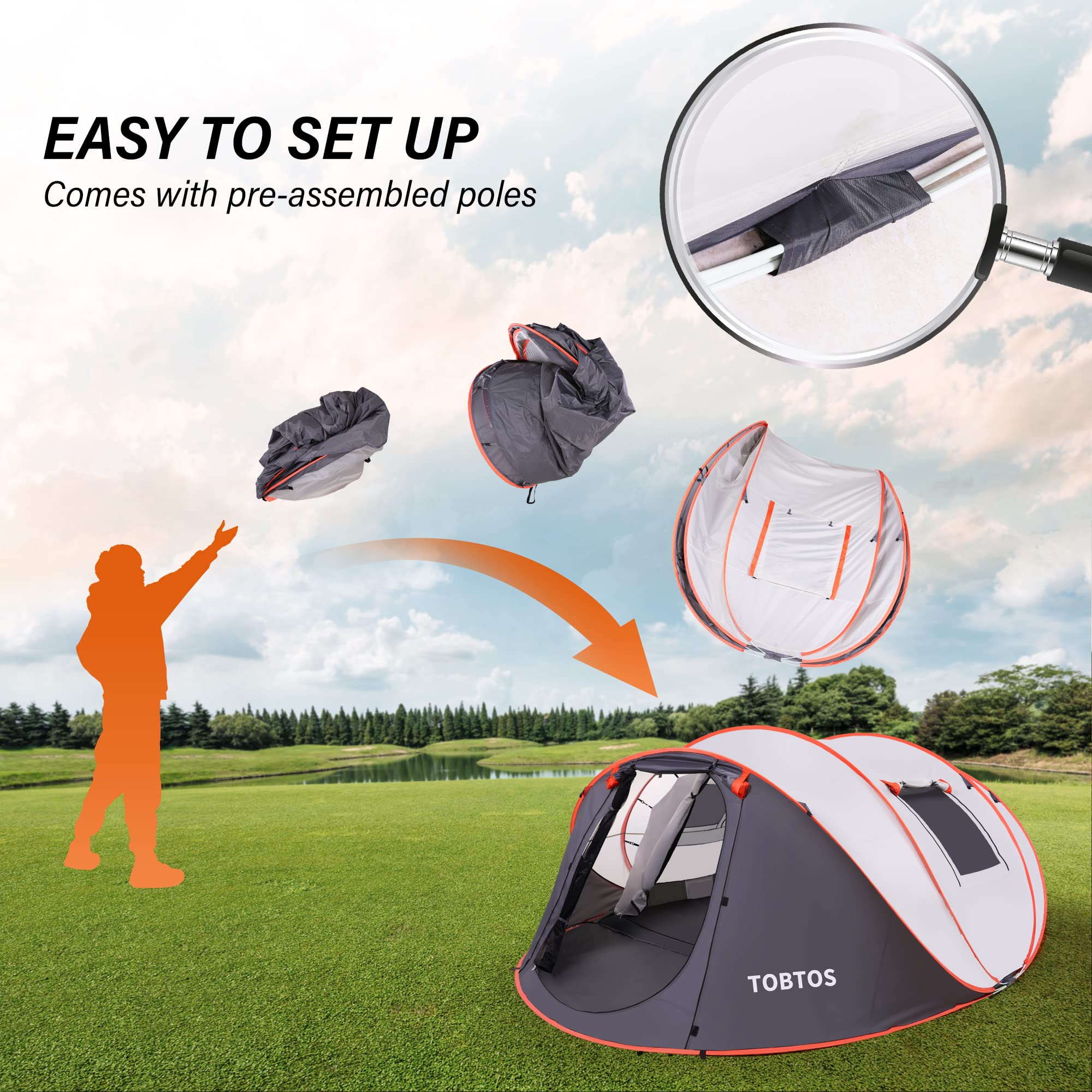TOBTOS Pop Up Camping Tent 6 Person Double Layer with Vestibule, Automatic Setup Instant Tents for Camping Hiking and Outdoor for 2/3/4/5/6 People