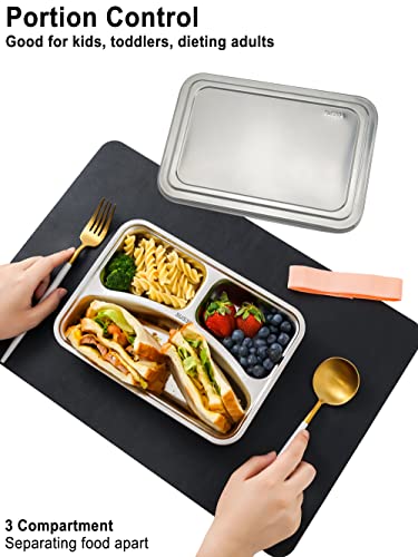 VENTION Stainless Steel Kids Plates with Lids, Divided Plates for Kids, 3 Compartment Kids and Toddler Plates, 2 Pack
