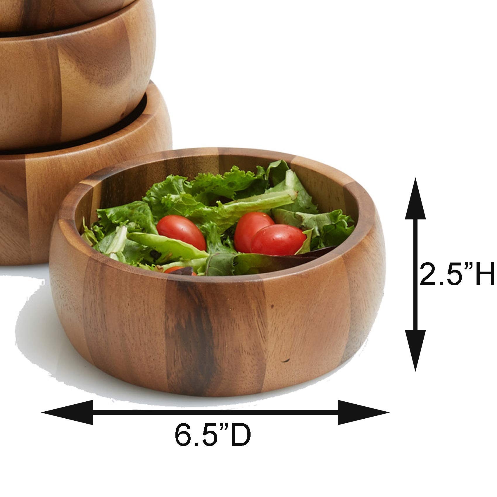 Woodard & Charles Set of 4 Acacia Wood Large Individual Salad Bowls, Snack Serving Bowls, 6 1/2" x 2 1/2"