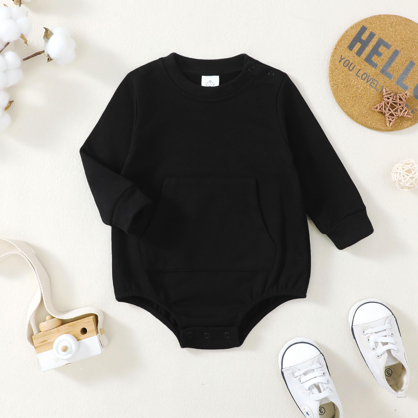 OPAWO Baby Sweatshirt Romper Onesie Newborn Boy Girl Bubble Romper Infant Crewneck Oversized Sweater Long Sleeve Pocket Bodysuit Fall Winter Clothes Outfits(Black,6-9Months)