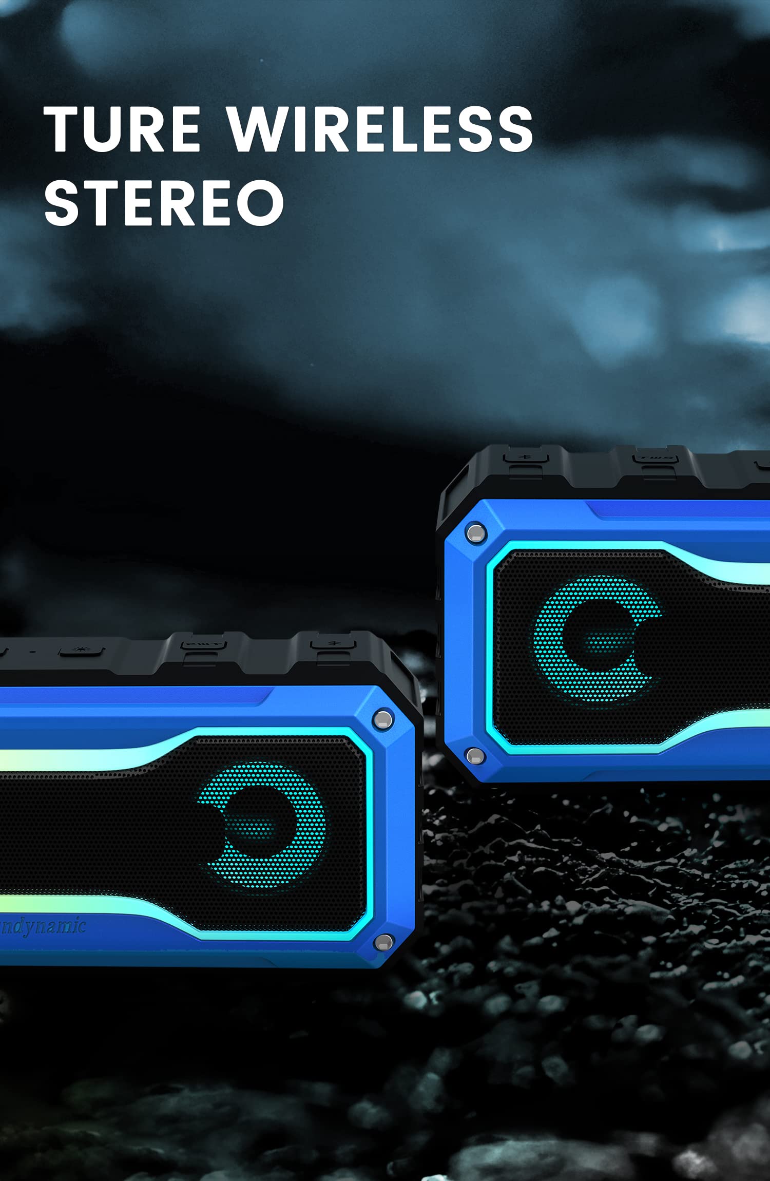 soundynamic Portable Bluetooth Speaker, Twinkle Wireless Speaker with 20H Playtime, Low Bass, IPX7 Waterproof, True Wireless Stereo Pairing, Mixed Colors Lights for Home, Party, Beach, Travel - Black