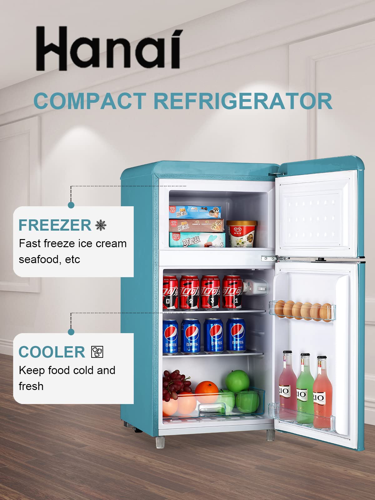 WANAI Compact Refrigerator 3.5 Cu.Ft Retro Mini Fridge with Freezer Dual Door Small Refrigerator with Adjustable Temperature,LED Lights, Removable Shelves, Mini Refrigerator for Dorm, Office, Bedroom