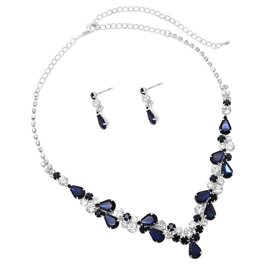 Rosemarie Collections Women's Rhinestone Crystal Teardrop Statement Necklace Drop Earrings Set, 15"+6" Extender (Montana Blue Silver Tone)