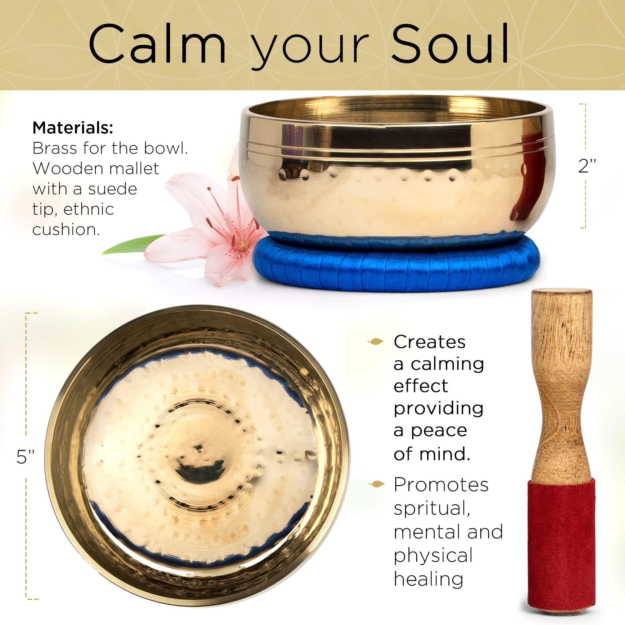 Telsha Meditative Brass Polished Singing Bowl with Mallet and Cushion - Tibetan Sound Bowls for Energy Healing, Mindfulness, Grounding, Zen, Meditation Exquisite, Unique Home Decor Gift Sets, 12