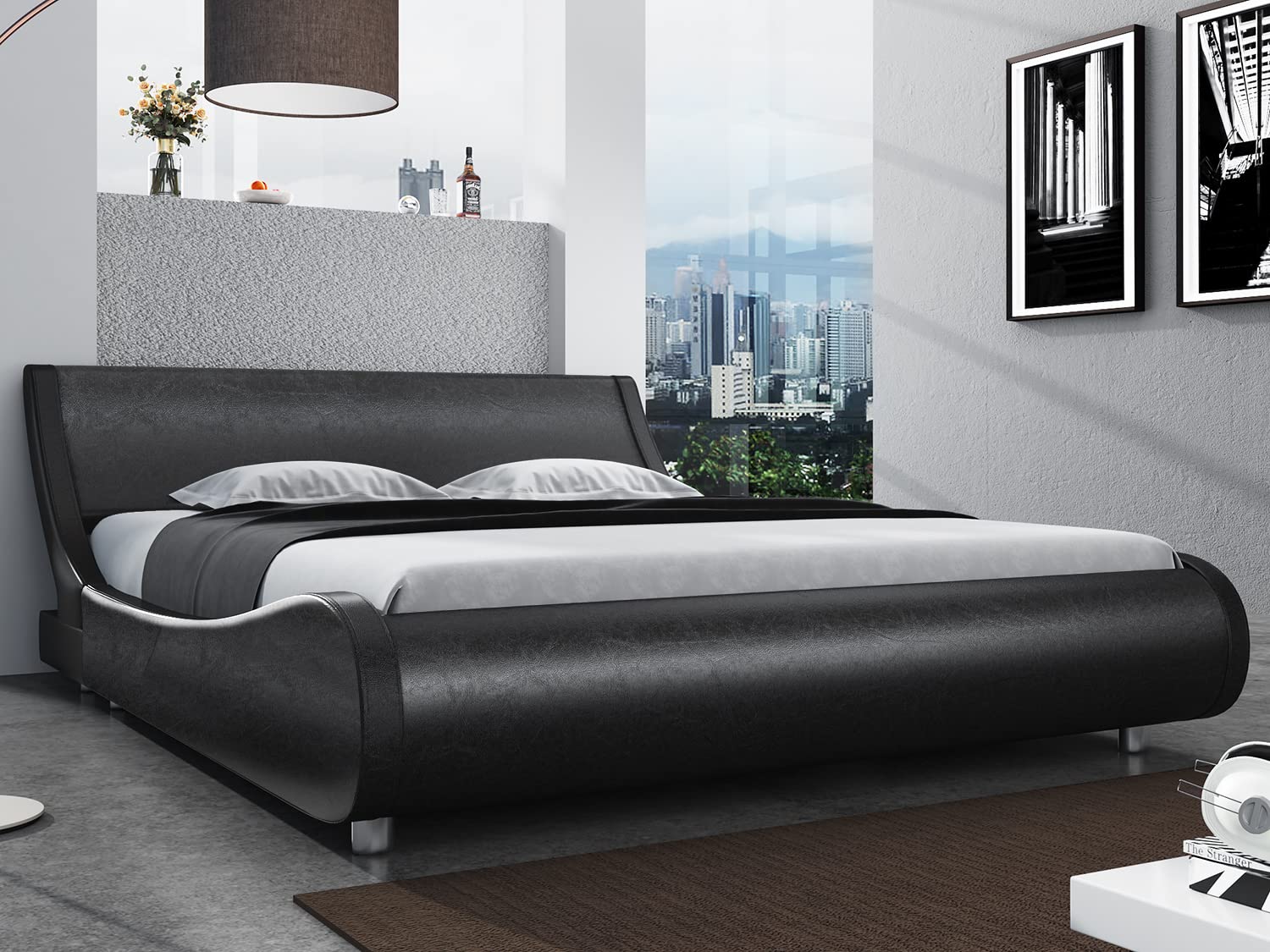SHA CERLIN King Size Platform Bed Frame - Stylish Low Profile Design, Ergonomic Faux Leather Headboard, No Box Spring Needed, Modern Sleigh Bed, White