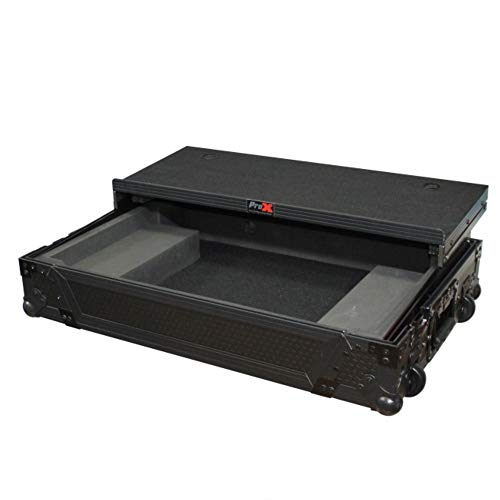 ProX Flight Case for Pioneer DJ DDJ-SX/RX & Denon MCX7000 With Sliding Laptop Shelf, LED Lights and Wheels- Black on Black Design - XS-DDJSX WLTBL LED