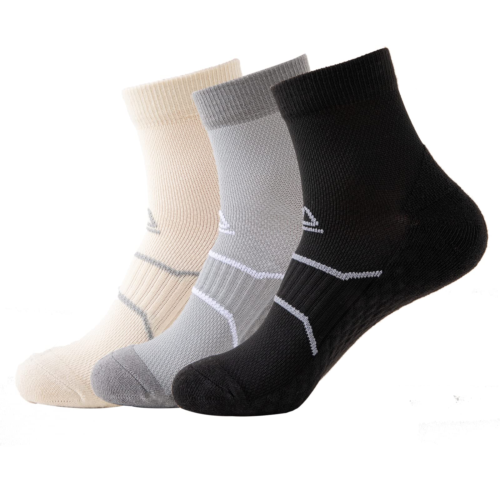 WRELS Men's Running Socks Quarter Sock Athletic Socks Sport Socks with Thick Cushion Moisture Wicking 3 Pack 6.5-10(Black+Gray+White)