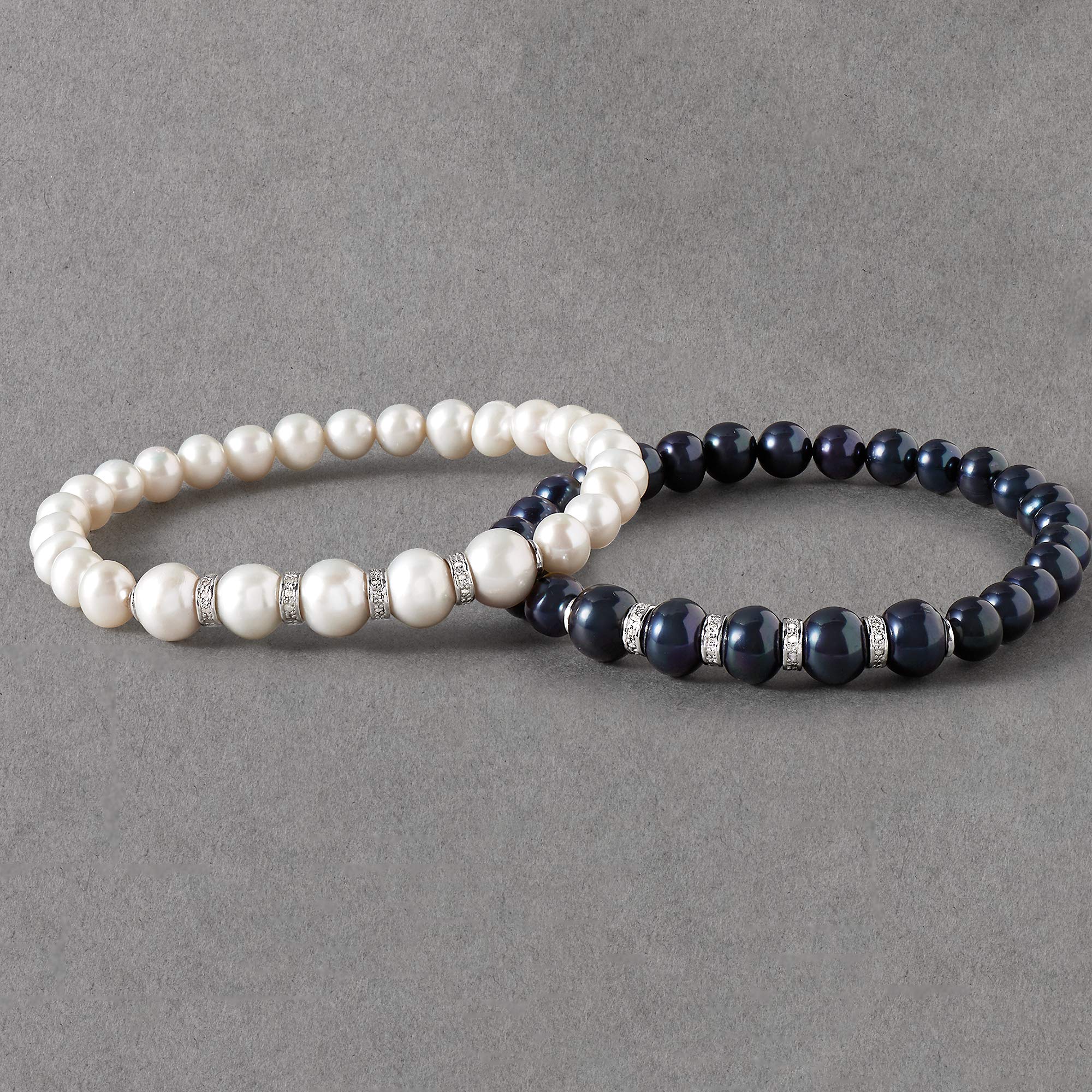 Ross-Simons 6-8.5mm Black Cultured Pearl and .25 ct. t.w. Diamond Stretch Bracelet With Sterling Silver. 7 inches