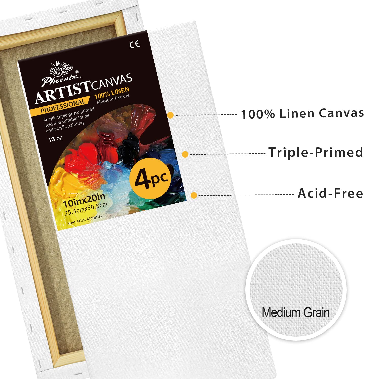PHOENIX Linen Canvas for Painting, 8x10 Inch/6 Pack - 3/4 Inch Profile, Medium Texture - 13 Oz Triple Primed Blank Heavy Weight Professional Stretched Canvas for Oils, Acrylics, Pastels