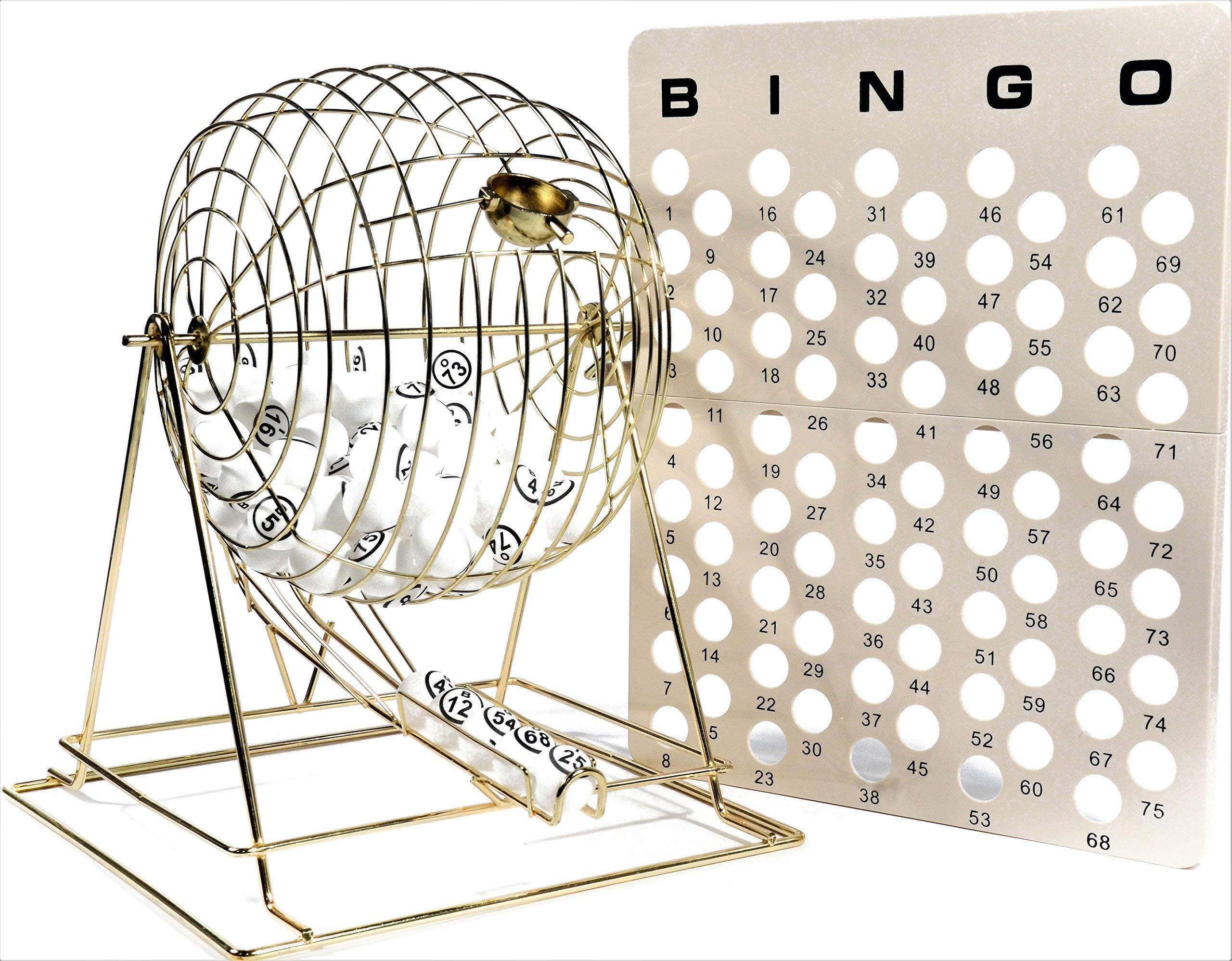 Regal Bingo - Jumbo Professional Bingo Cage - includes Brass Cage, 75 White Ping Pong Balls, Master Board - for Large Group Games, Game Night, Bingo Hall, & Holiday Activities - 16 in - Gold