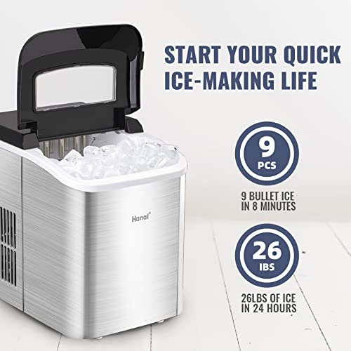 WANAI Ice Makers Countertop Portable Ice Machine 26.5lbs/24H 9 Ice Cubes in 6-8 Mins Electric Ice Making Machine with Ice Scoop and Basket L&S Bullet Sizes for Home Party Office Bar Camping RV