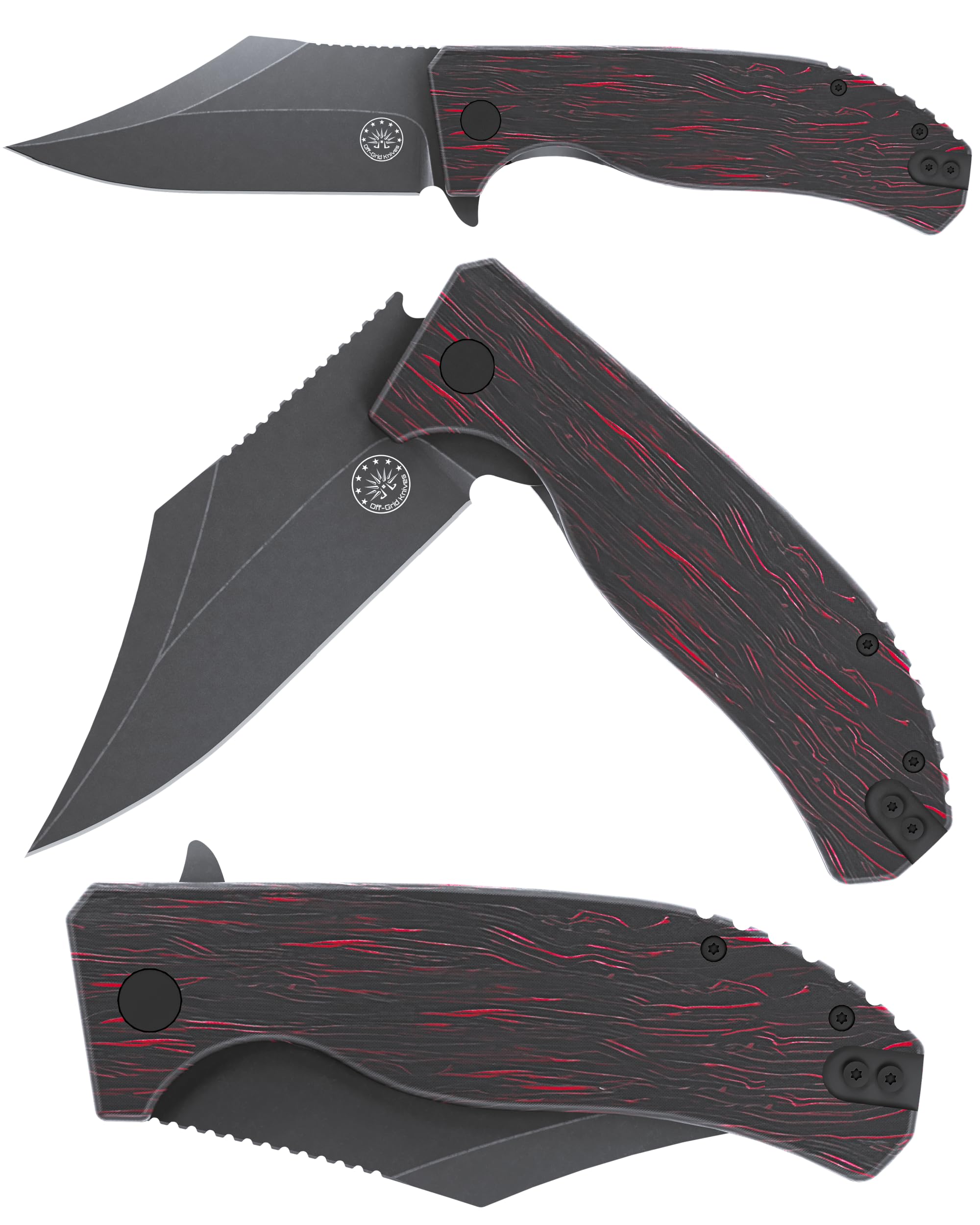 Off-Grid Knives - Caiman XL Red Dawn Edition, Folding Knife with Large Bowie Blade, Sandvik 14C28N Steel, Red & Black G10 Scales, Deep Carry Clip, Left & Right Carry