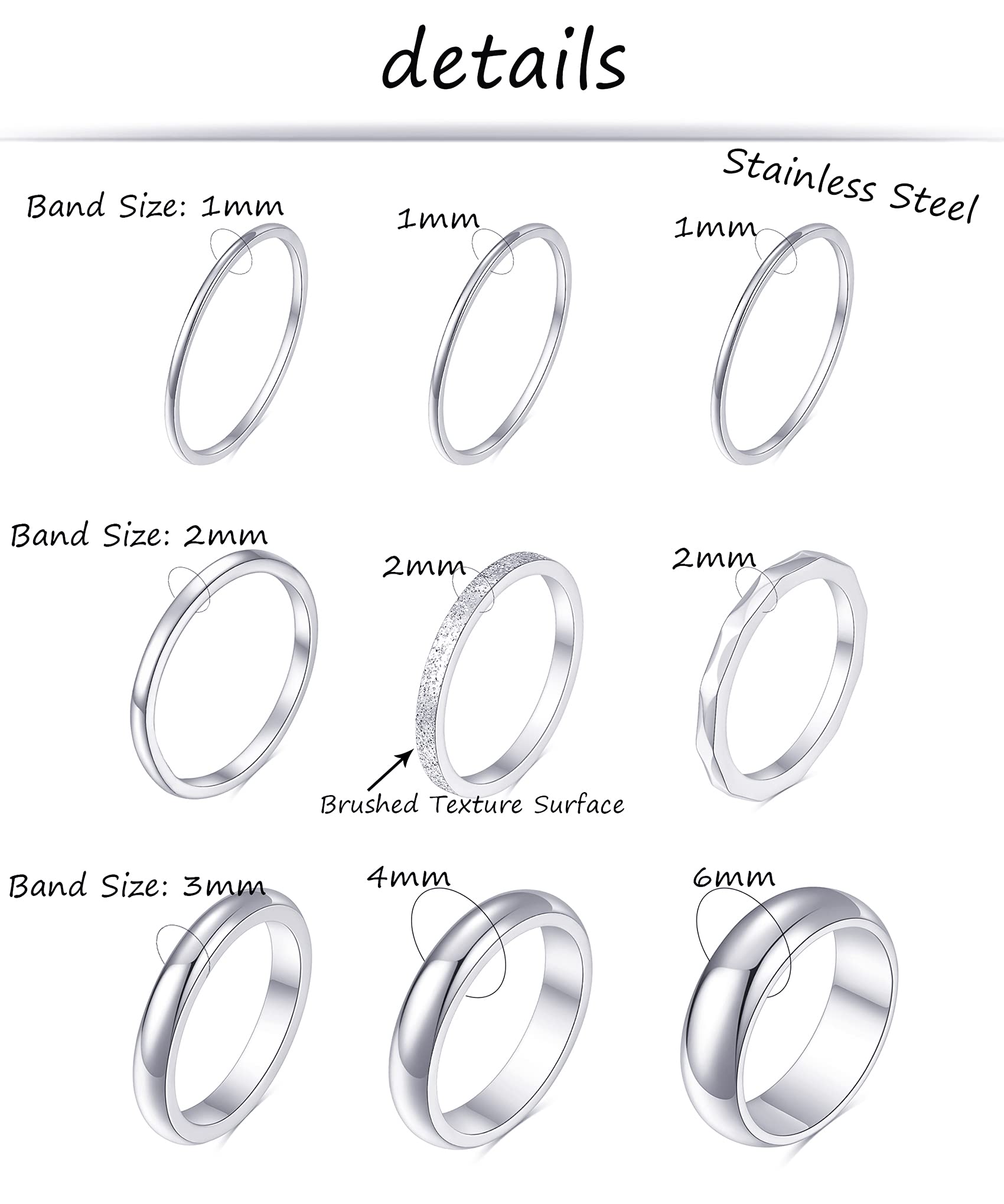 Tornito 9Pcs Stackable Eternity Ring Stainless Steel Band Knuckle Engagement Wedding Ring Size 7 for Women Silver Tone