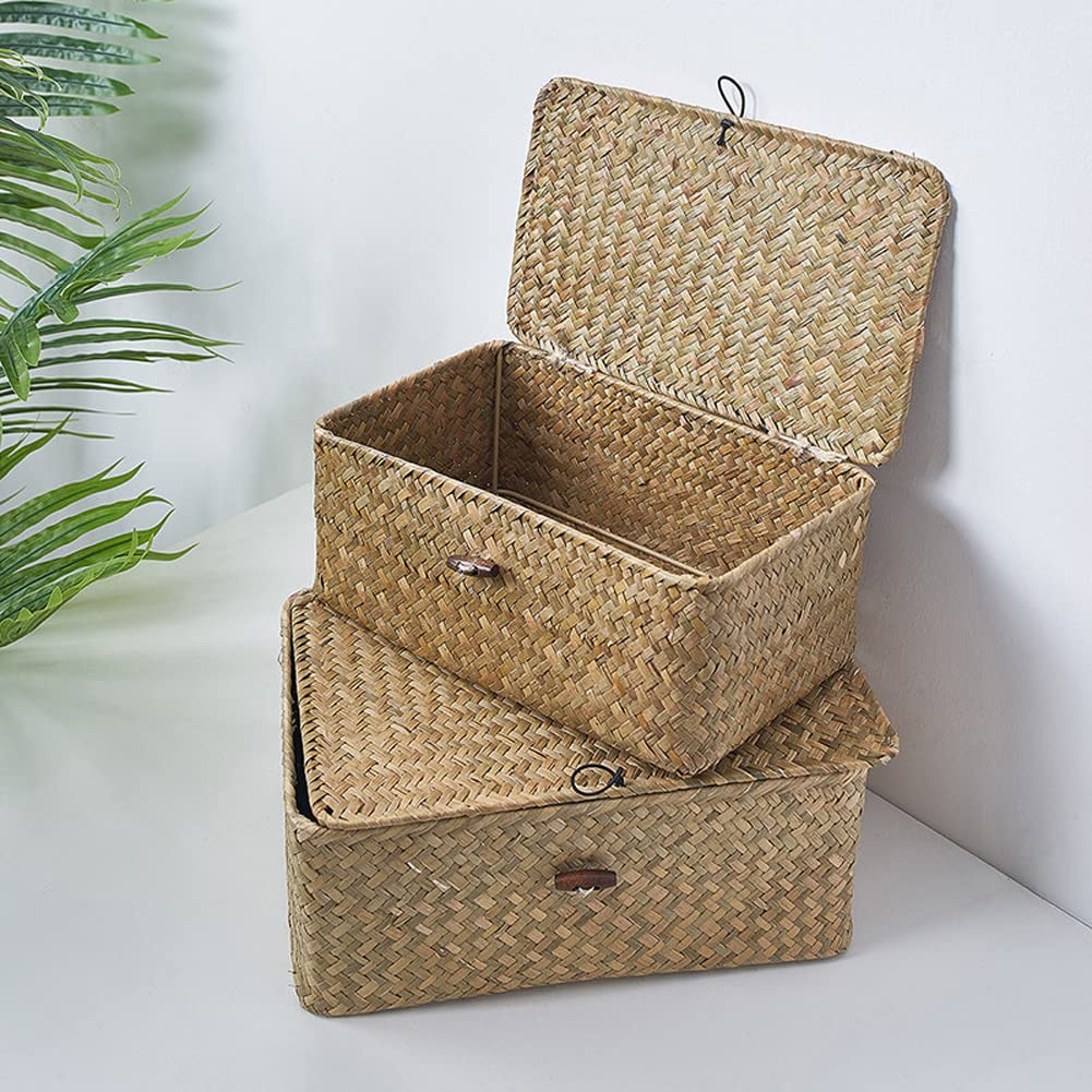 Shelf Storage Baskets with Lid Set of 2 Handwoven Rectangular Box with Cover Household Organizer Seagrass Woven Storage Bins Wicker Basket for Shelf (Natural)