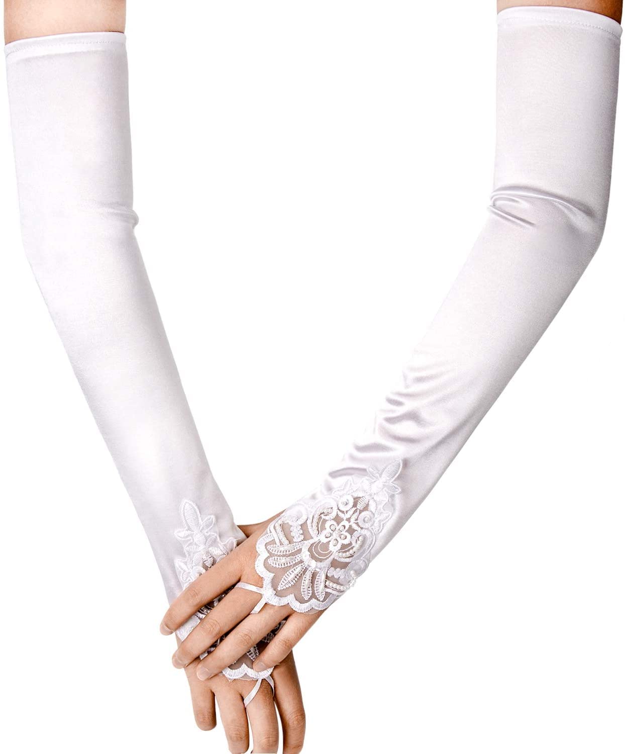 SAVITA Fingerless Long White Gloves Pierced Elbow Length Satin Gloves 19" Stretchy Opera Evening Party 1920s Gloves for Women